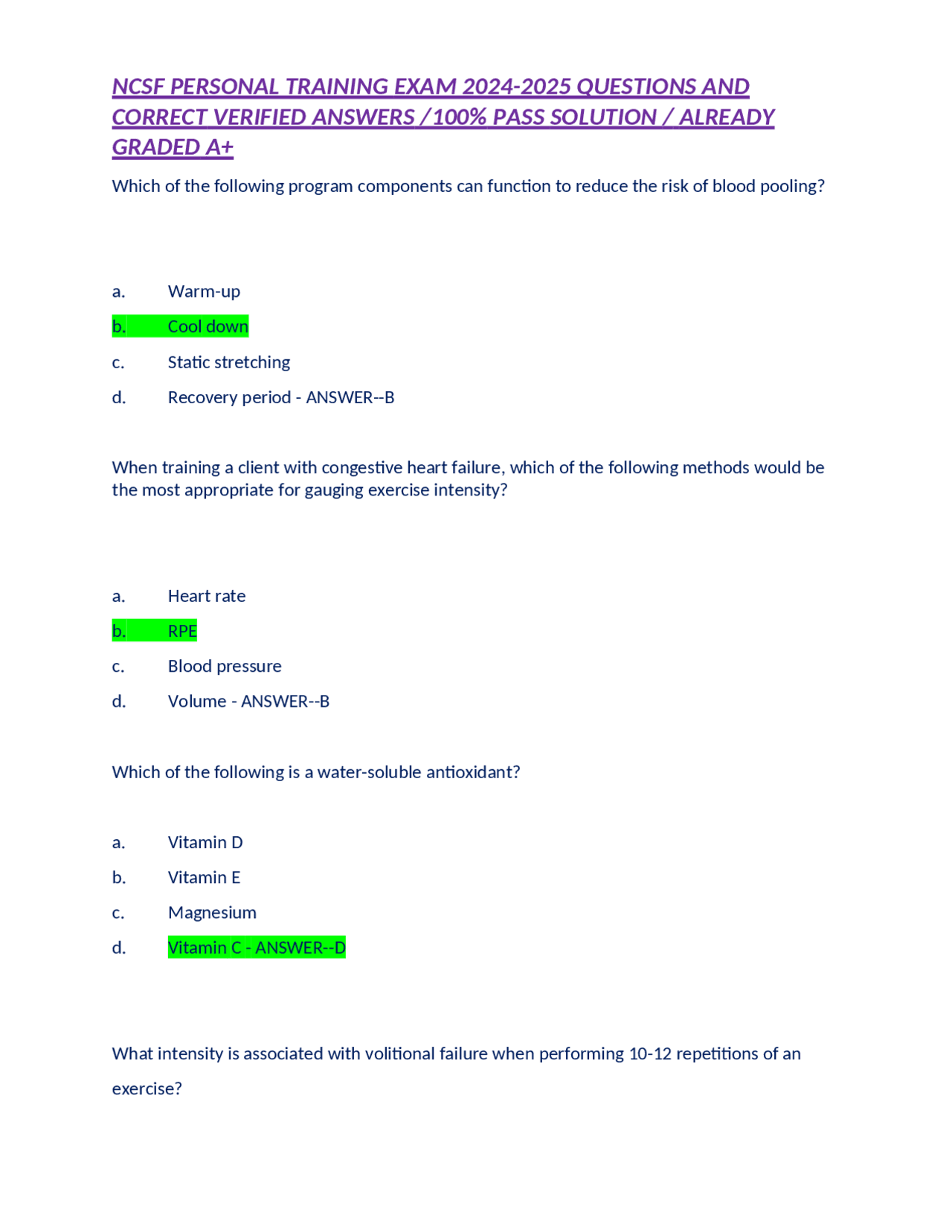 NCSF PERSONAL TRAINING EXAM 2024-2025 QUESTIONS AND CORRECT VERIFIED ...