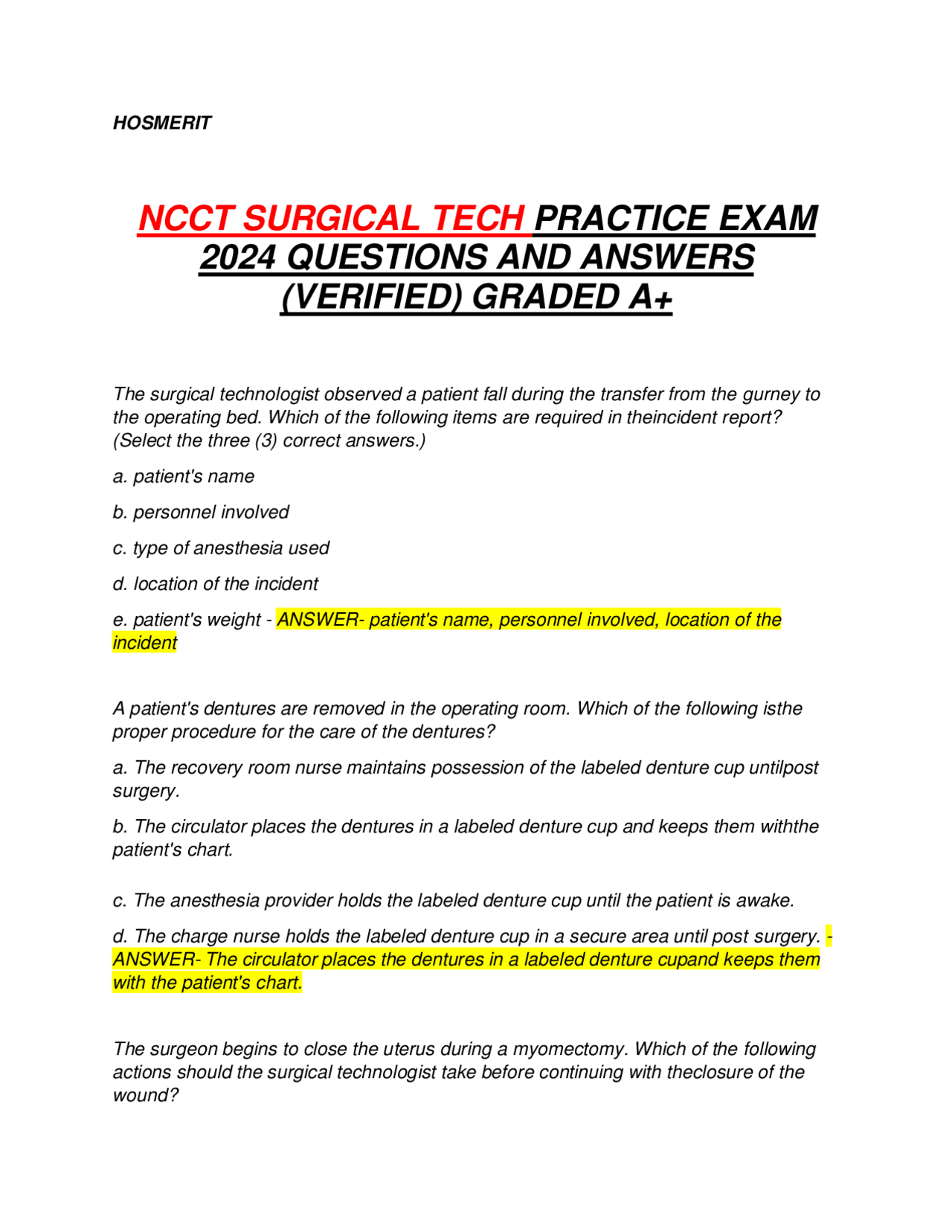 NCCT SURGICAL TECH PRACTICE EXAM 2024 QUESTIONS AND ANSWERS (VERIFIED ...
