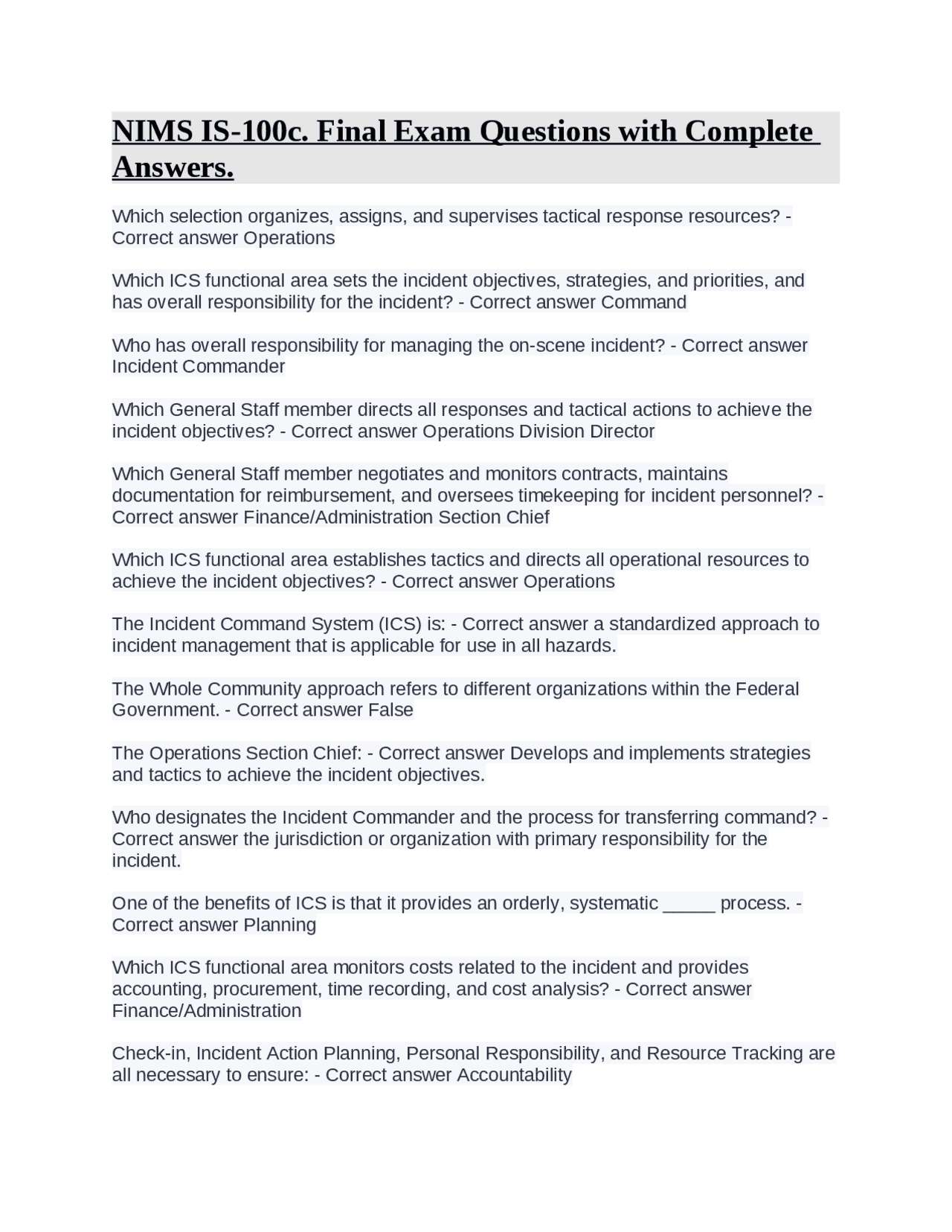 NIMS IS-100c. Final Exam Questions with Complete Answers. | Exams ...