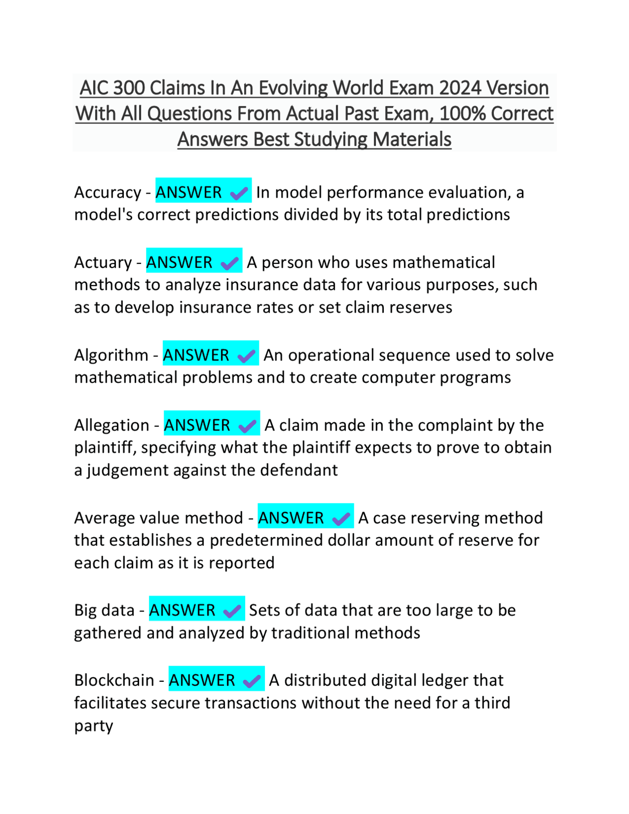 AIC 300 Claims In An Evolving World Exam 2024 Version | Exams Nursing ...