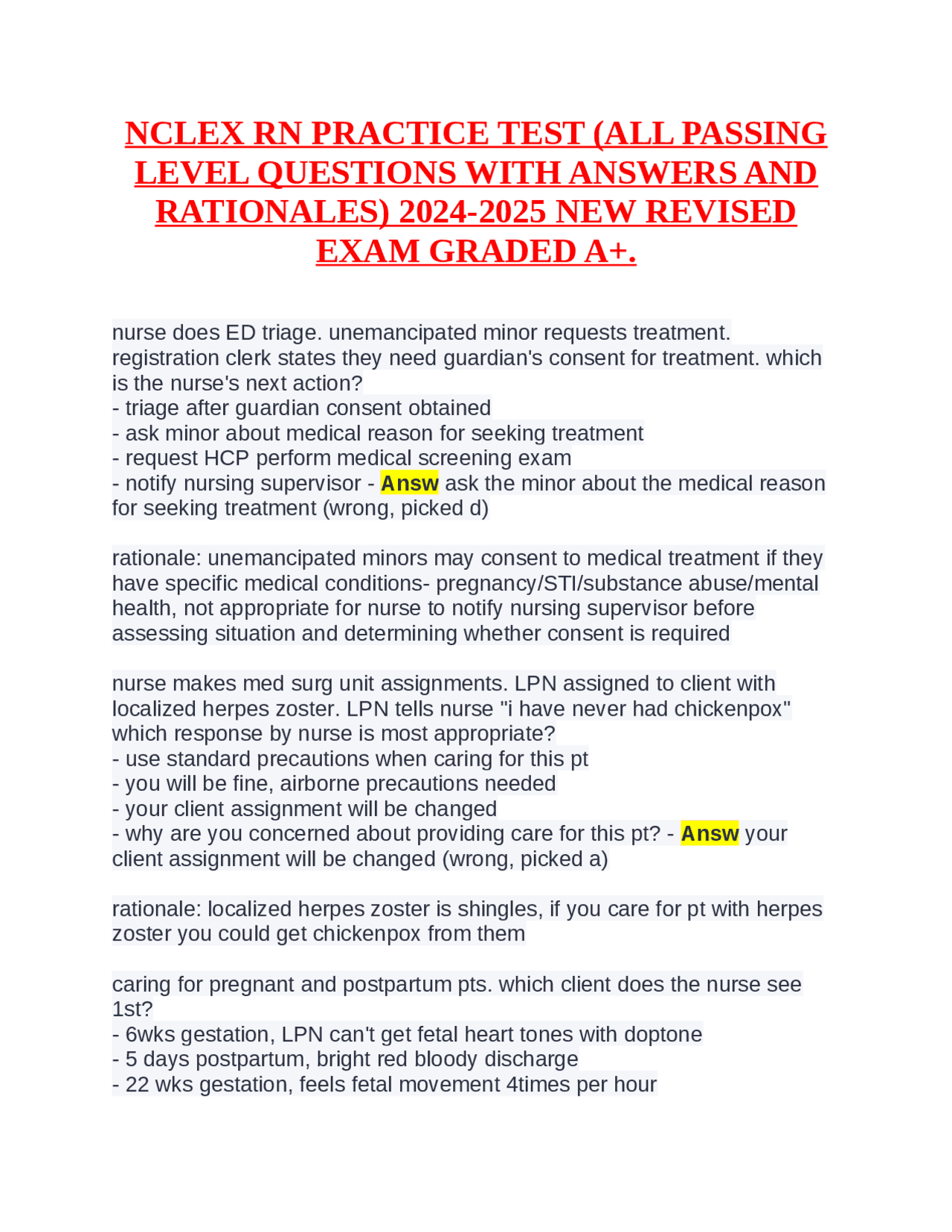 NCLEX RN PRACTICE TEST (ALL PASSING LEVEL QUESTIONS WITH ANSWERS AND ...