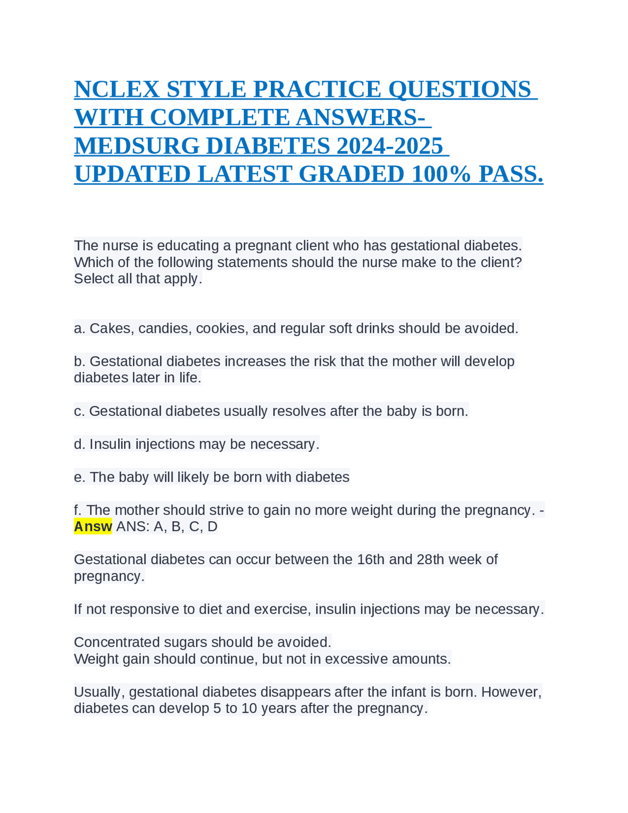 NCLEX STYLE PRACTICE QUESTIONS WITH COMPLETE ANSWERS- MEDSURG DIABETES ...