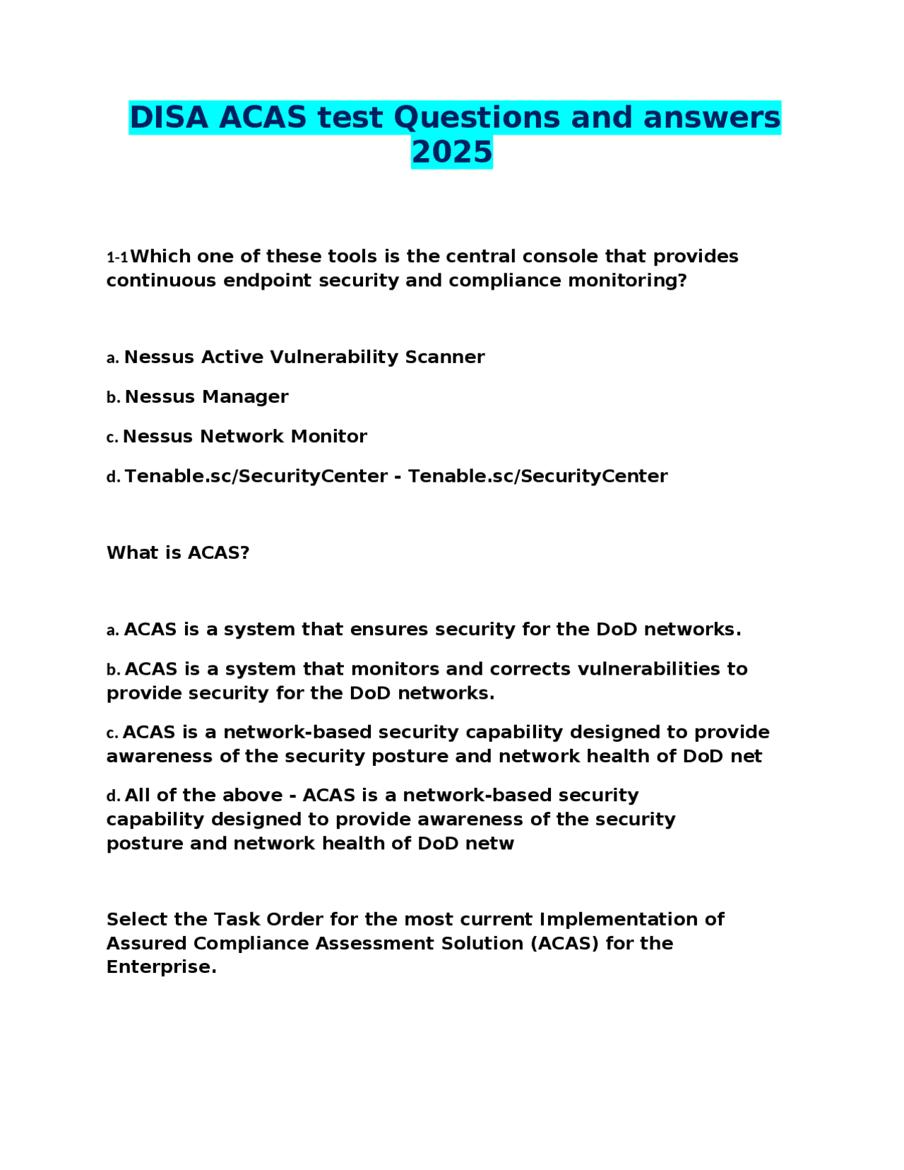 DISA ACAS test Questions and answers 2025 | Exams Advanced Education ...