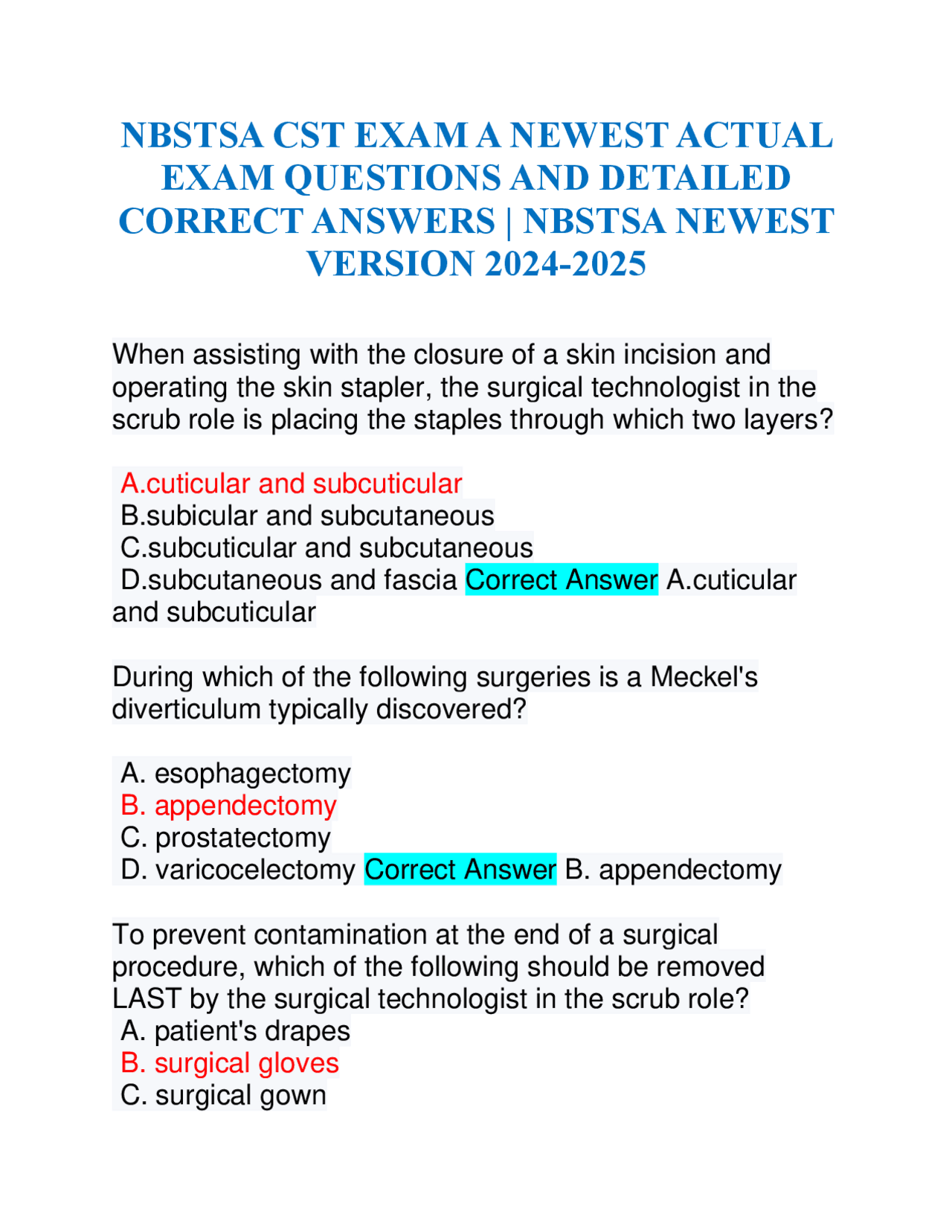 NBSTSA CST EXAM A NEWEST ACTUAL EXAM QUESTIONS AND DETAILED CORRECT ...