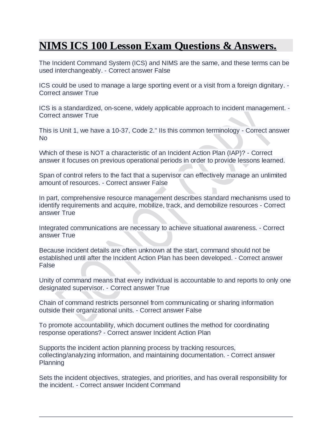 NIMS ICS 100 Lesson Exam Questions & Answers | Exams Health Physics ...