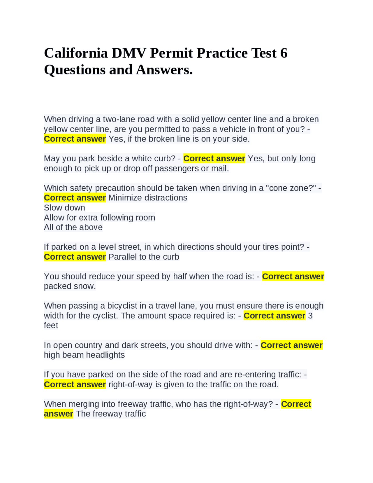 California DMV Permit Practice Test 6 Questions and Answers. | Exams ...