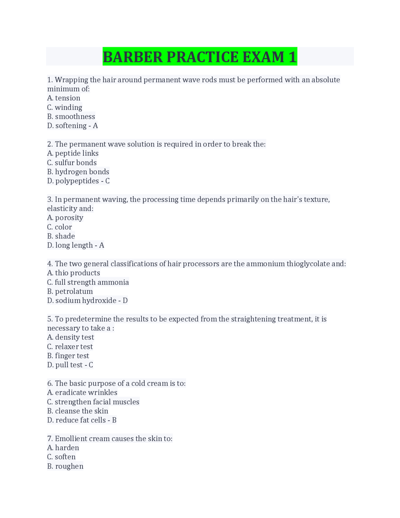 BARBER PRACTICE EXAM 1 QUESTIONS AND ANSWERS | Exams Sociology of ...