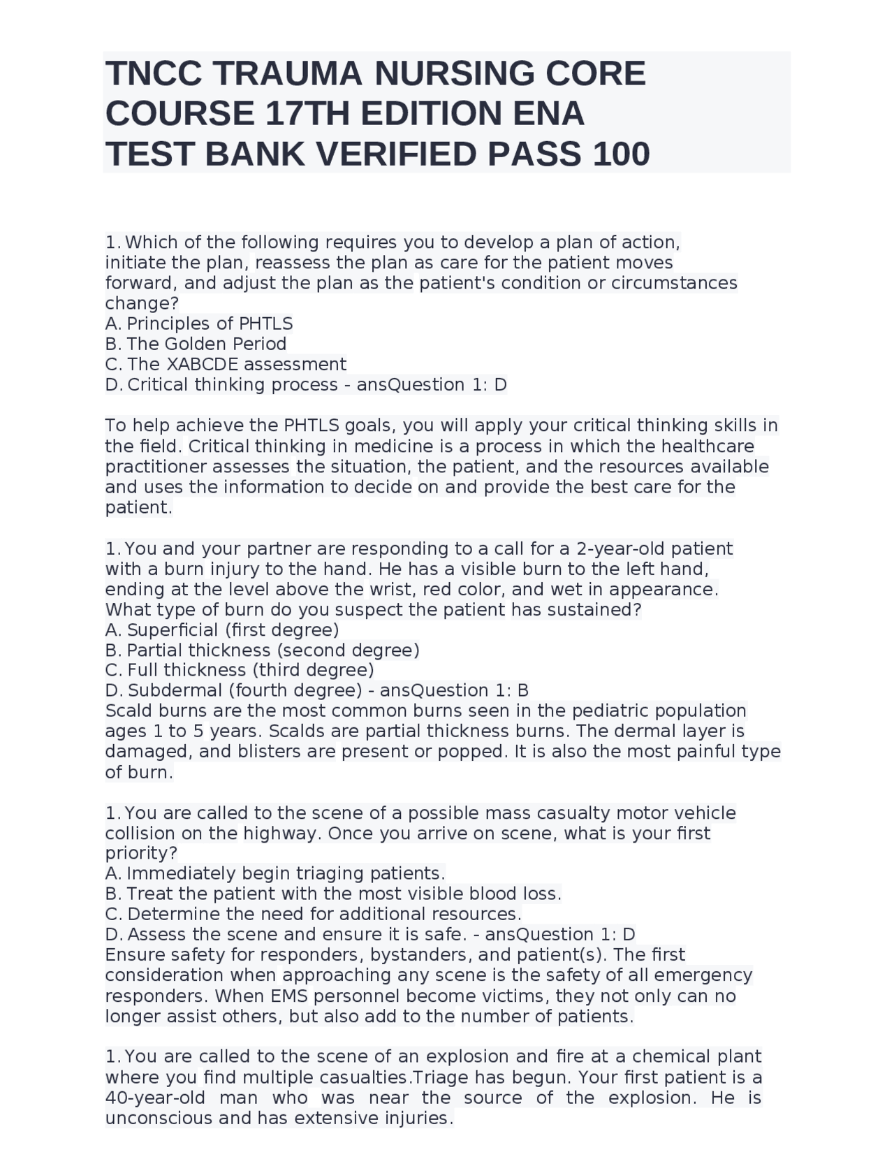 TNCC TRAUMA NURSING CORE COURSE 17TH EDITION | Exams Nursing | Docsity