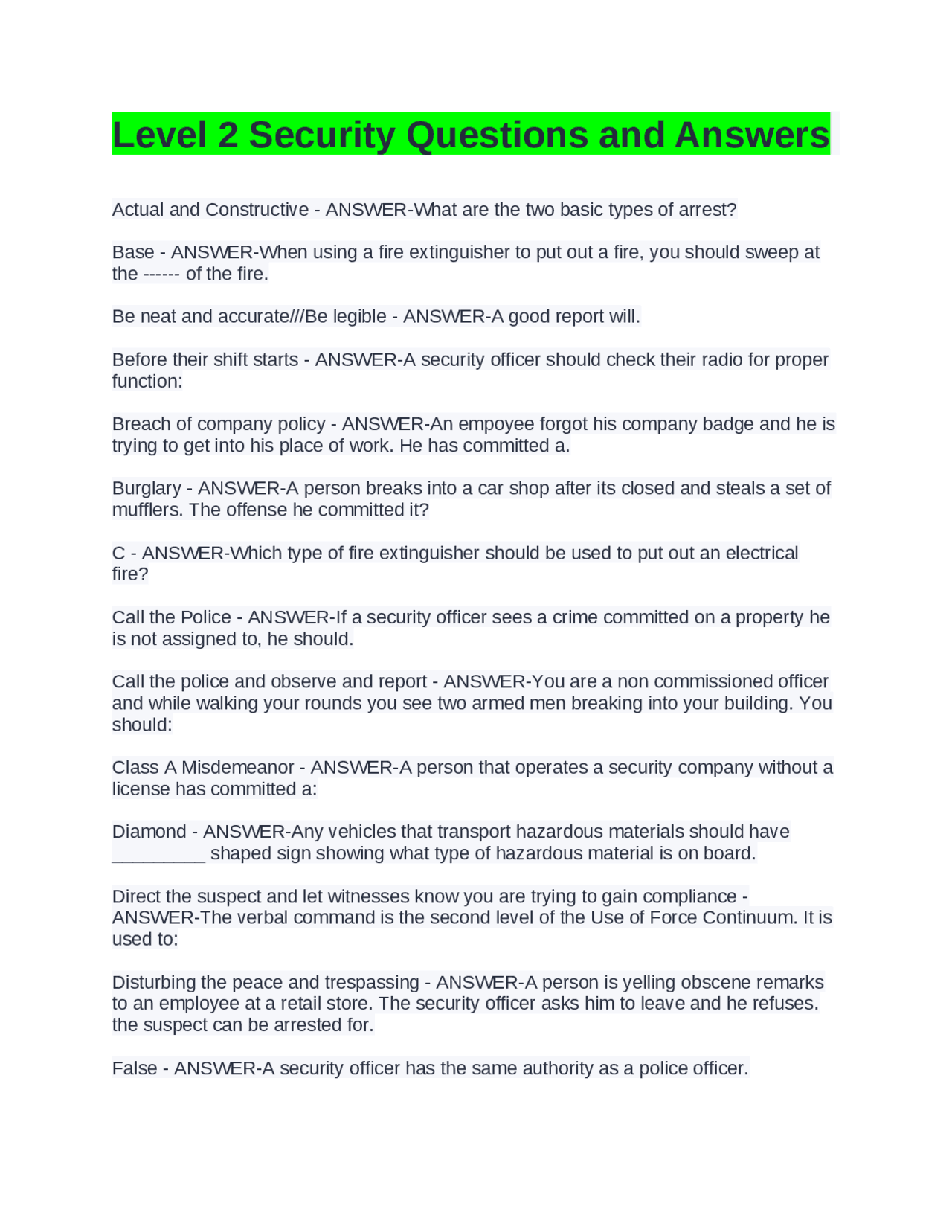 Level 2 Security Questions and Answers | Exams Advanced Education | Docsity