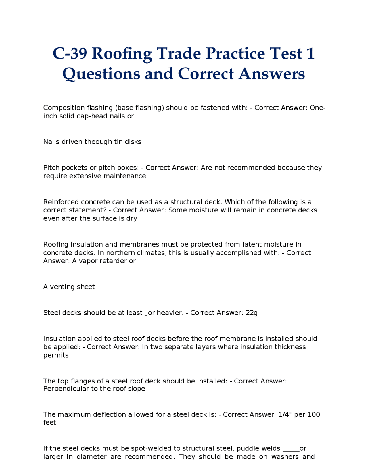 C-39 Roofing Trade Practice Test 1 | Exams Construction | Docsity