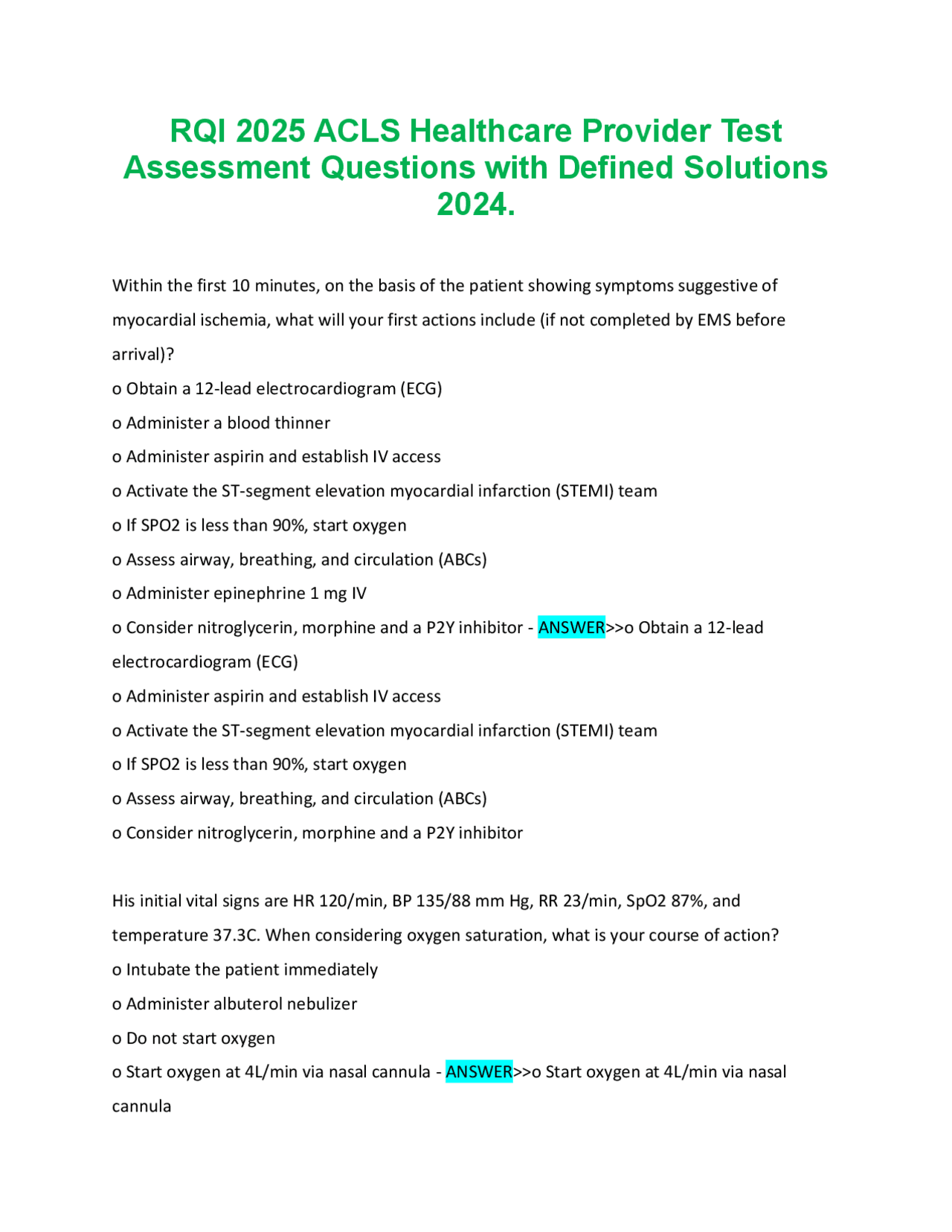 ACLS Healthcare Provider Test: Assessment Questions with Defined ...