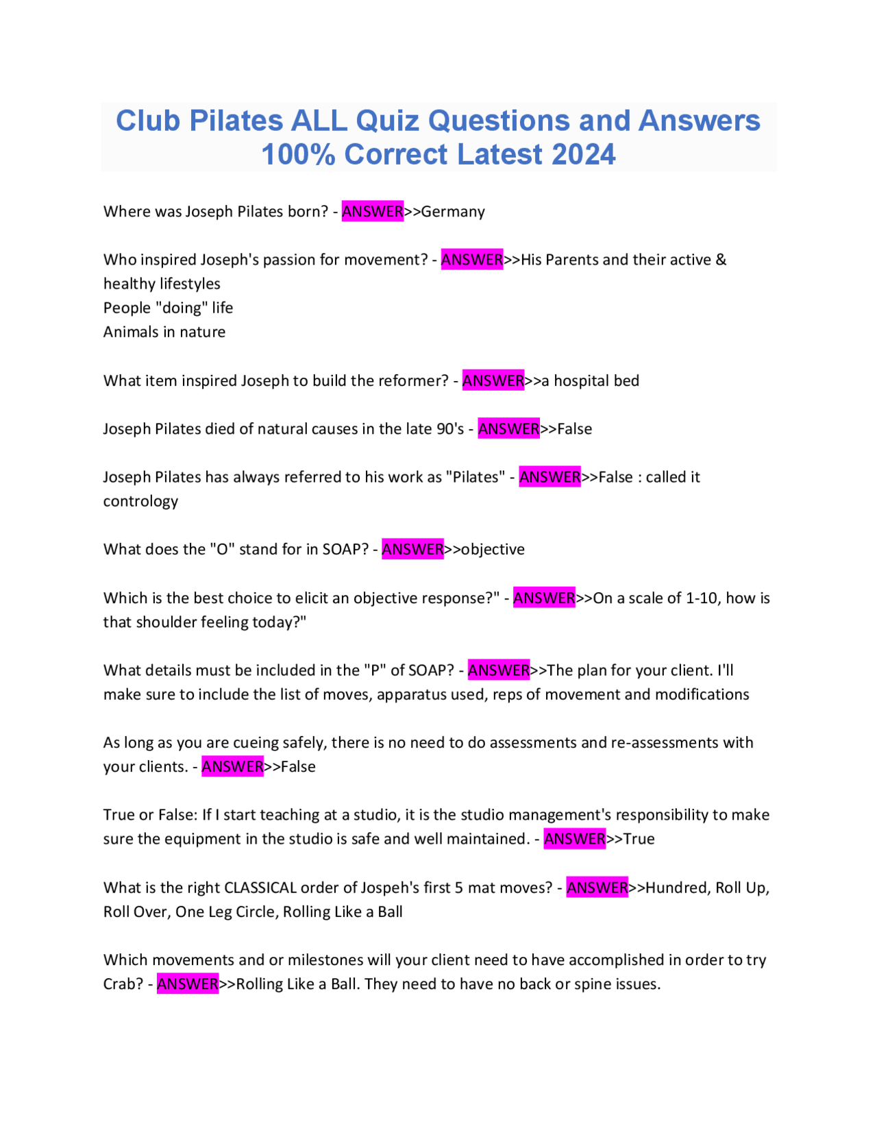 Club Pilates ALL Quiz Questions and Answers 100% Correct Latest 2024 ...