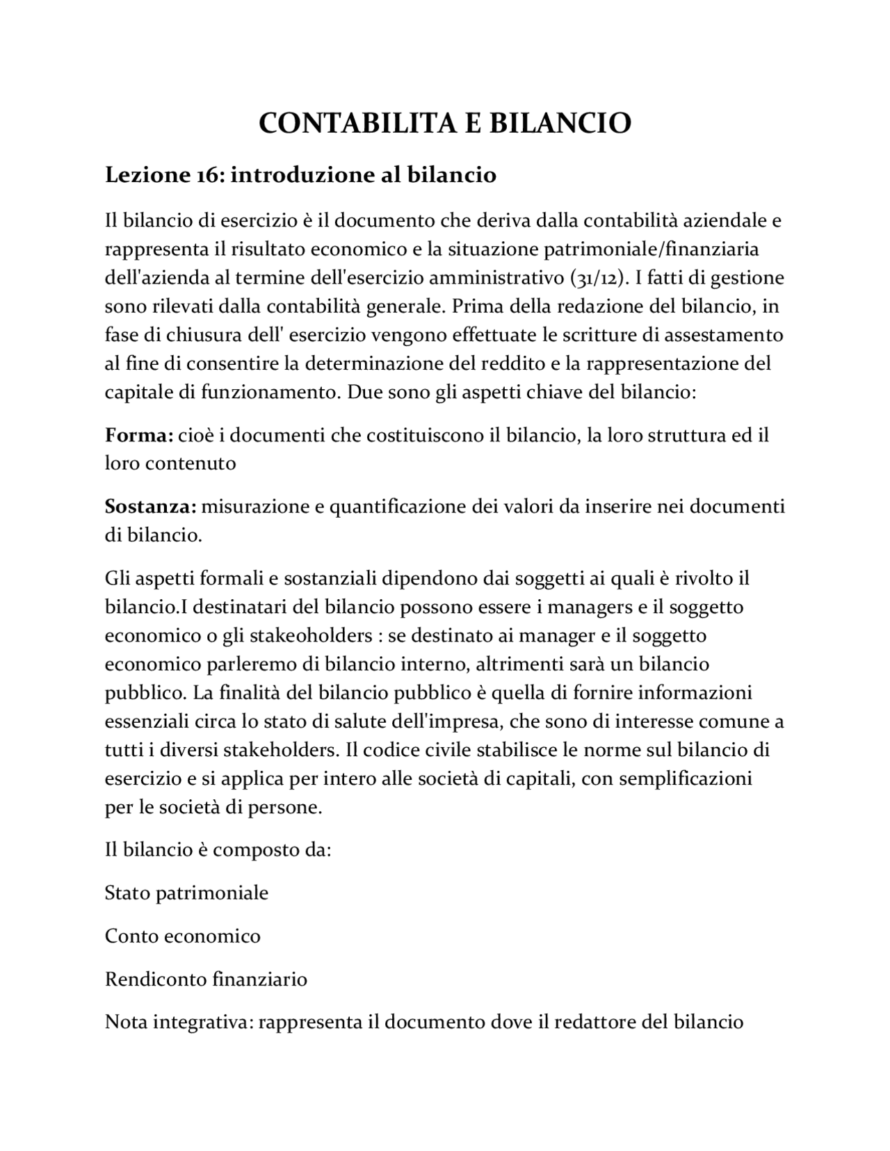 Contabilità e Bilancio: Introduzione al Bilancio di Esercizio | Appunti di Contabilità | Docsity