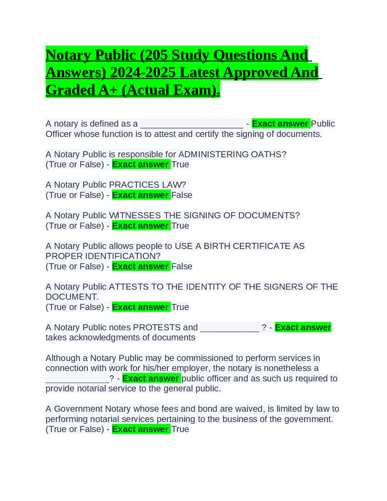 Notary Public (205 Study Questions And Answers) 2024-2025 Latest ...