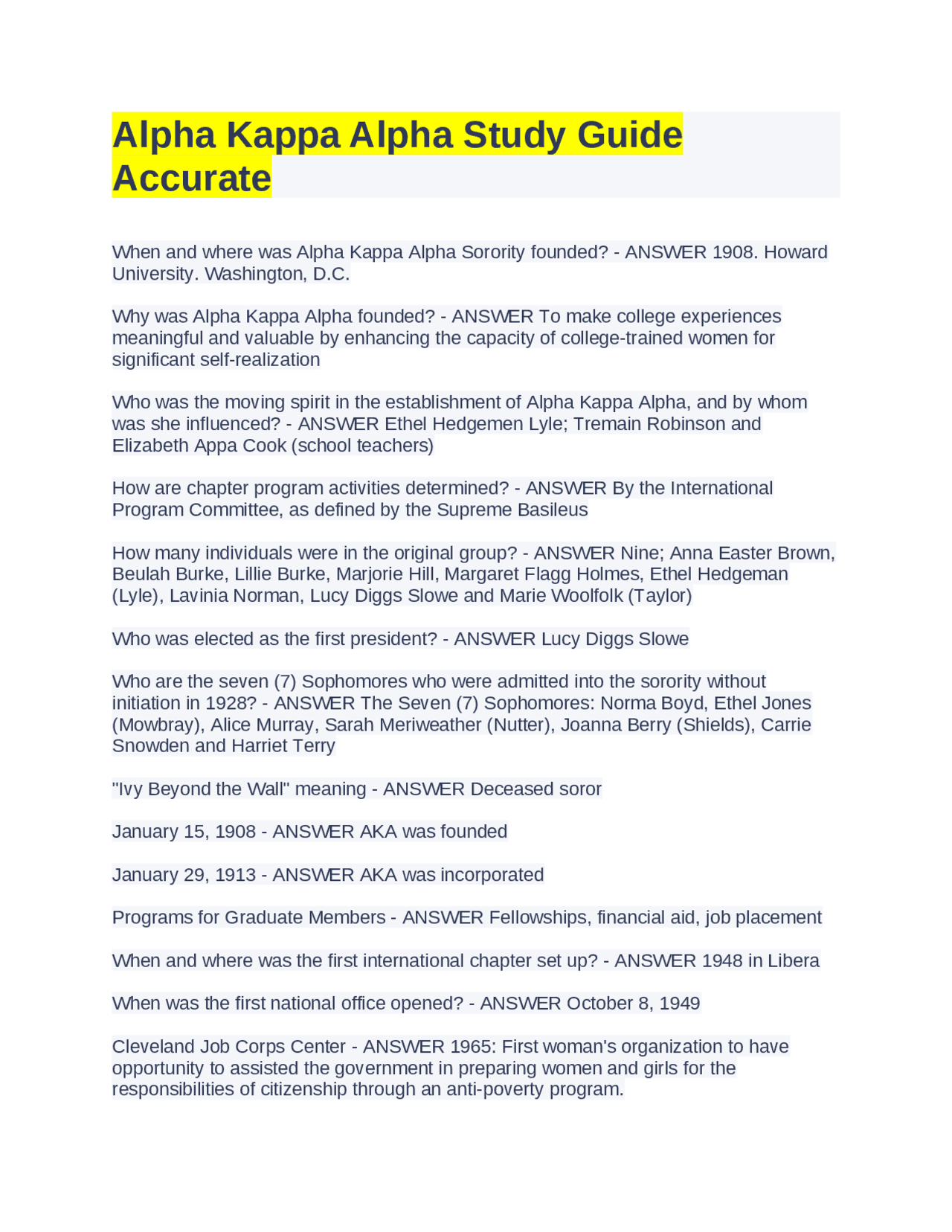 Alpha Kappa Alpha Study Guide Accurate | Exams Nursing | Docsity