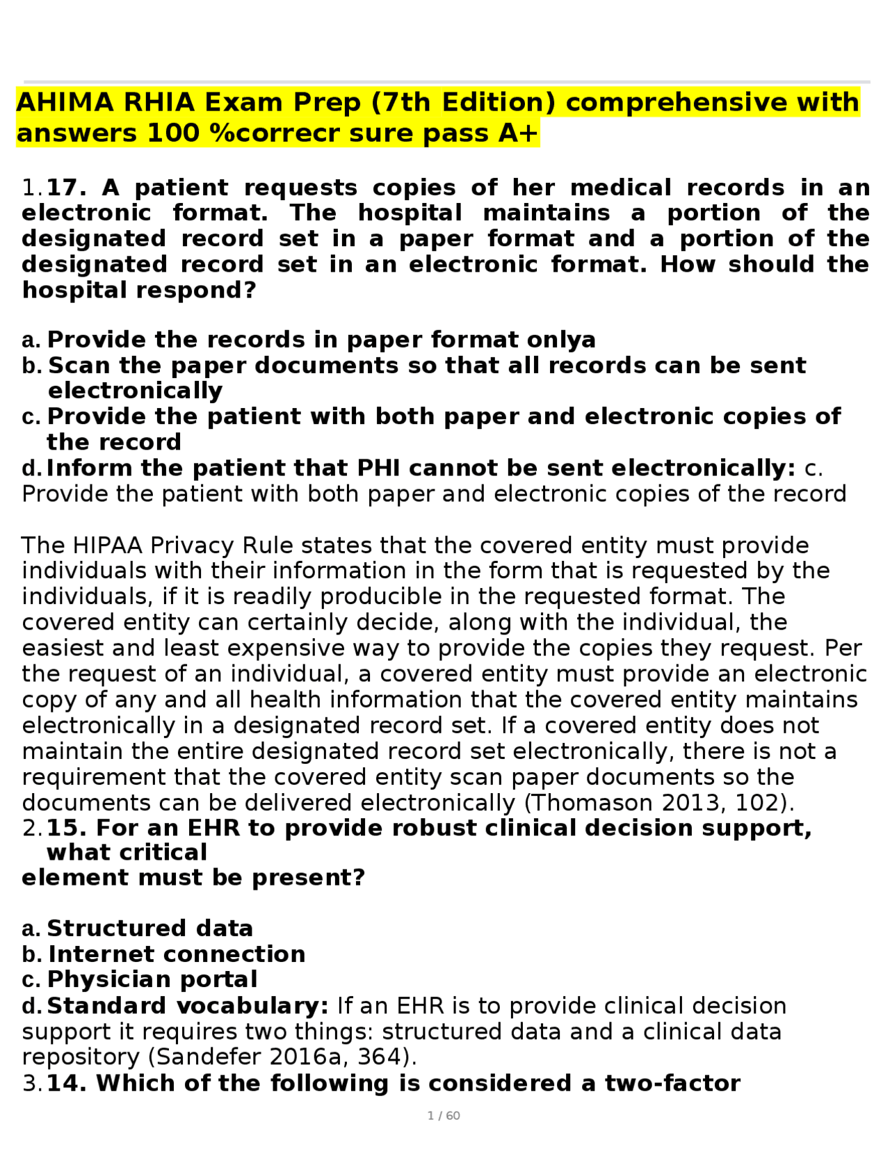 AHIMA RHIA Exam Prep (7th Edition) comprehensive with answers 100 ...