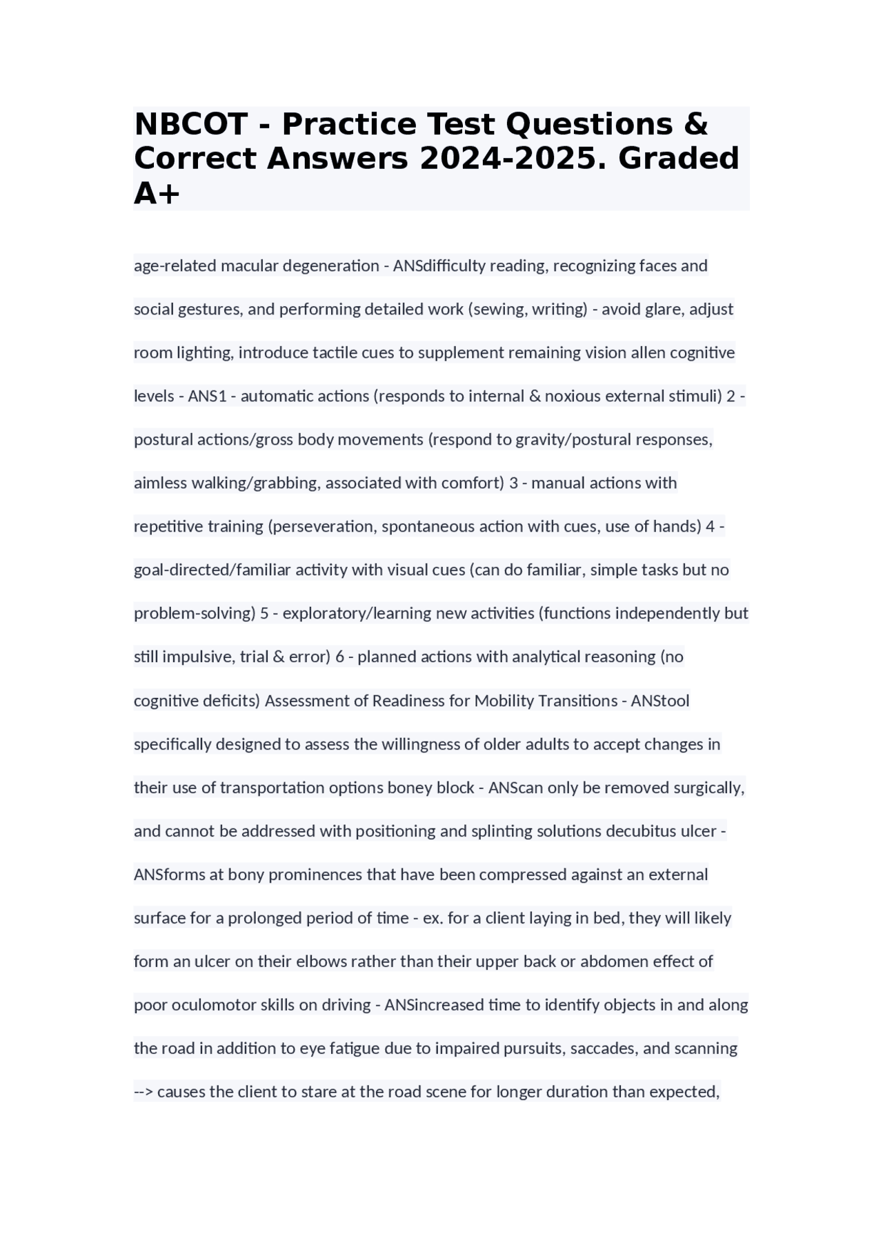 NBCOT - Practice Test Questions & Correct Answers 2024-2025. Graded A+ ...