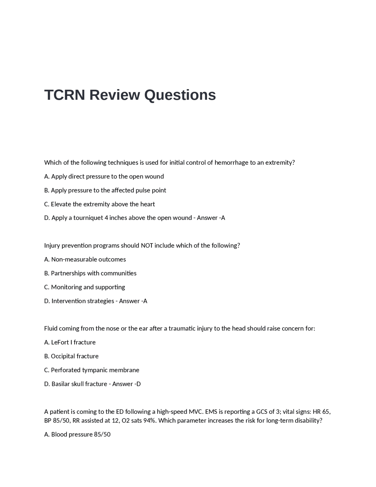 TCRN Test Review Questions and Correct Answers | Exams Nursing | Docsity