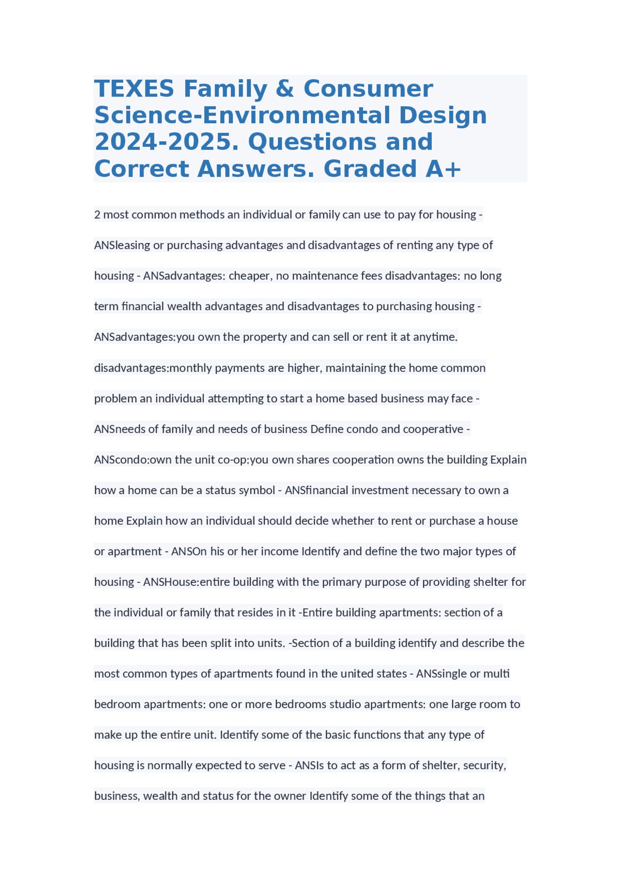 TEXES Family & Consumer Science-Environmental Design 2024-25. Questions ...