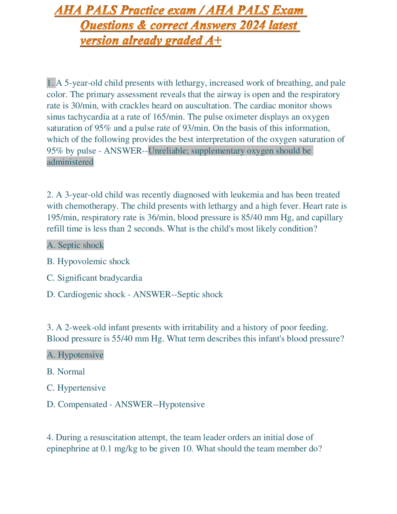 AHA PALS Practice EXAM 2024-2025 ACTUAL EXAM QUESTIONS AND CORRECT ...
