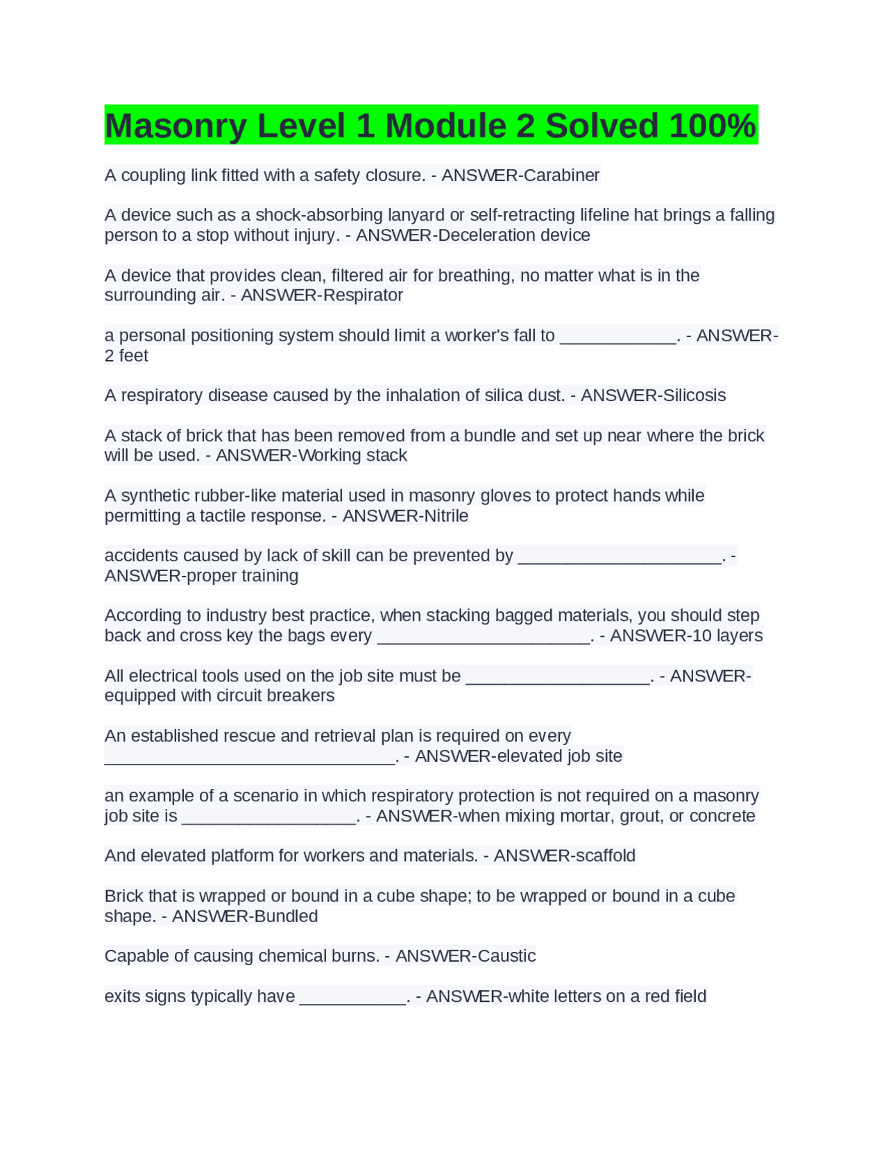 Masonry Safety and Best Practices | Exams Advanced Education | Docsity