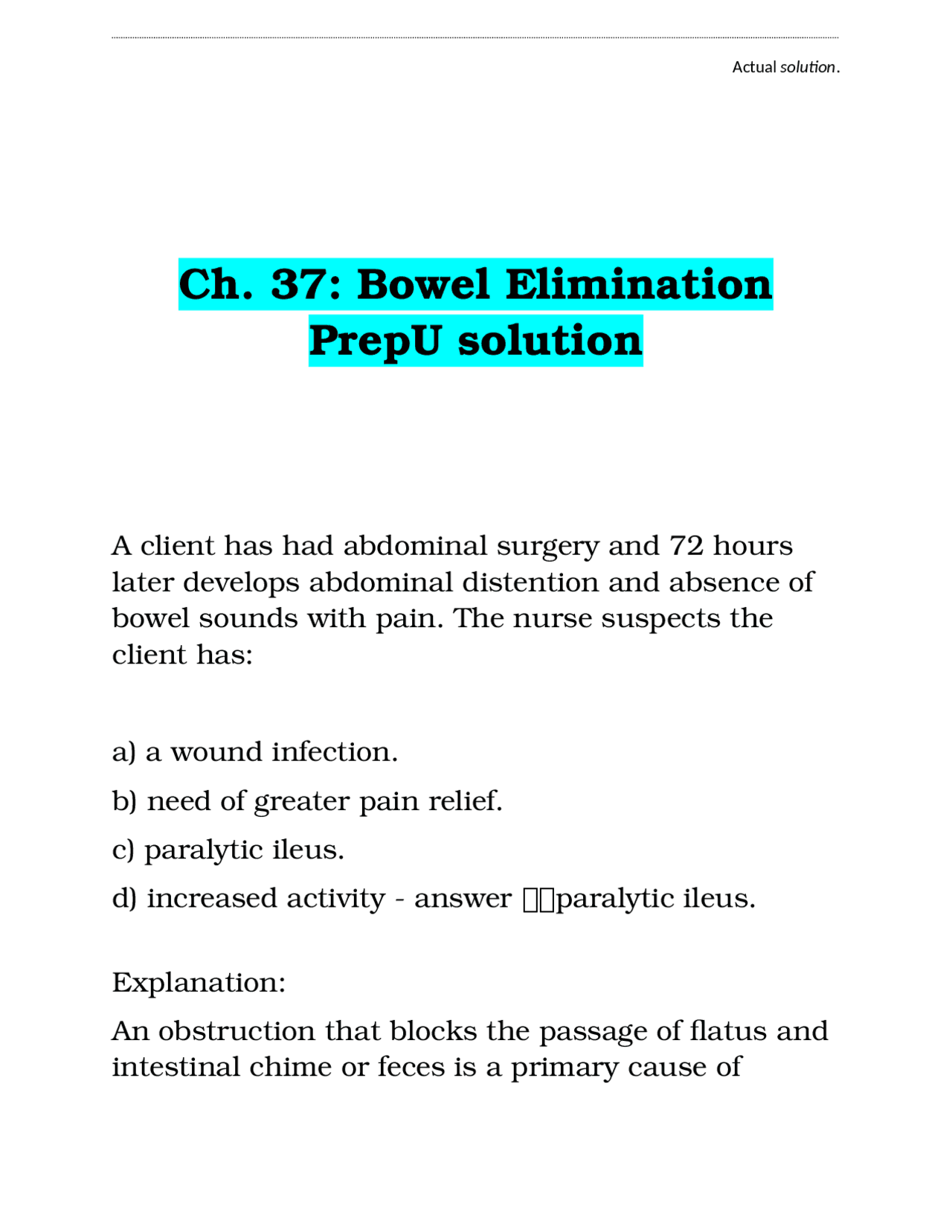 Bowel Elimination and Nursing Care | Exams Nursing | Docsity