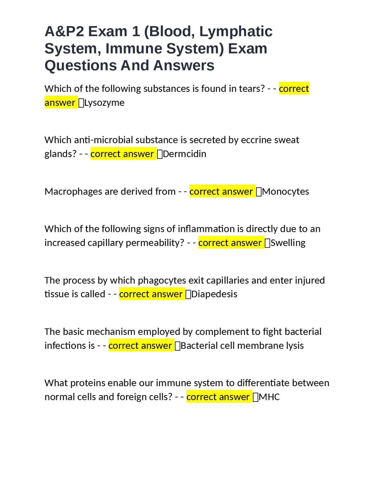 Anatomy and Physiology 2 Exam 1: Blood, Lymphatic System, and Immune ...
