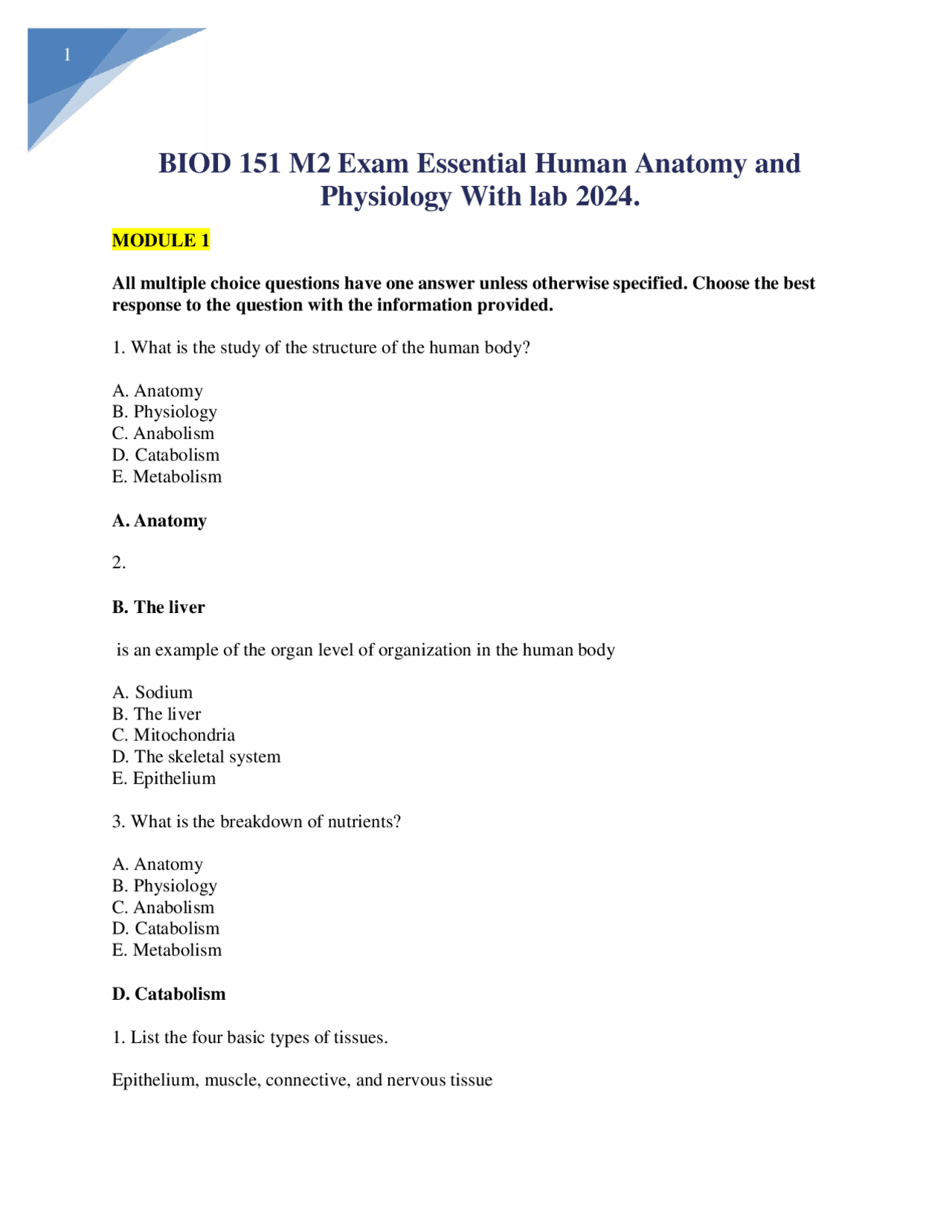 BIOD 151 M2 Exam Essential Human Anatomy and Physiology With lab 2024 ...