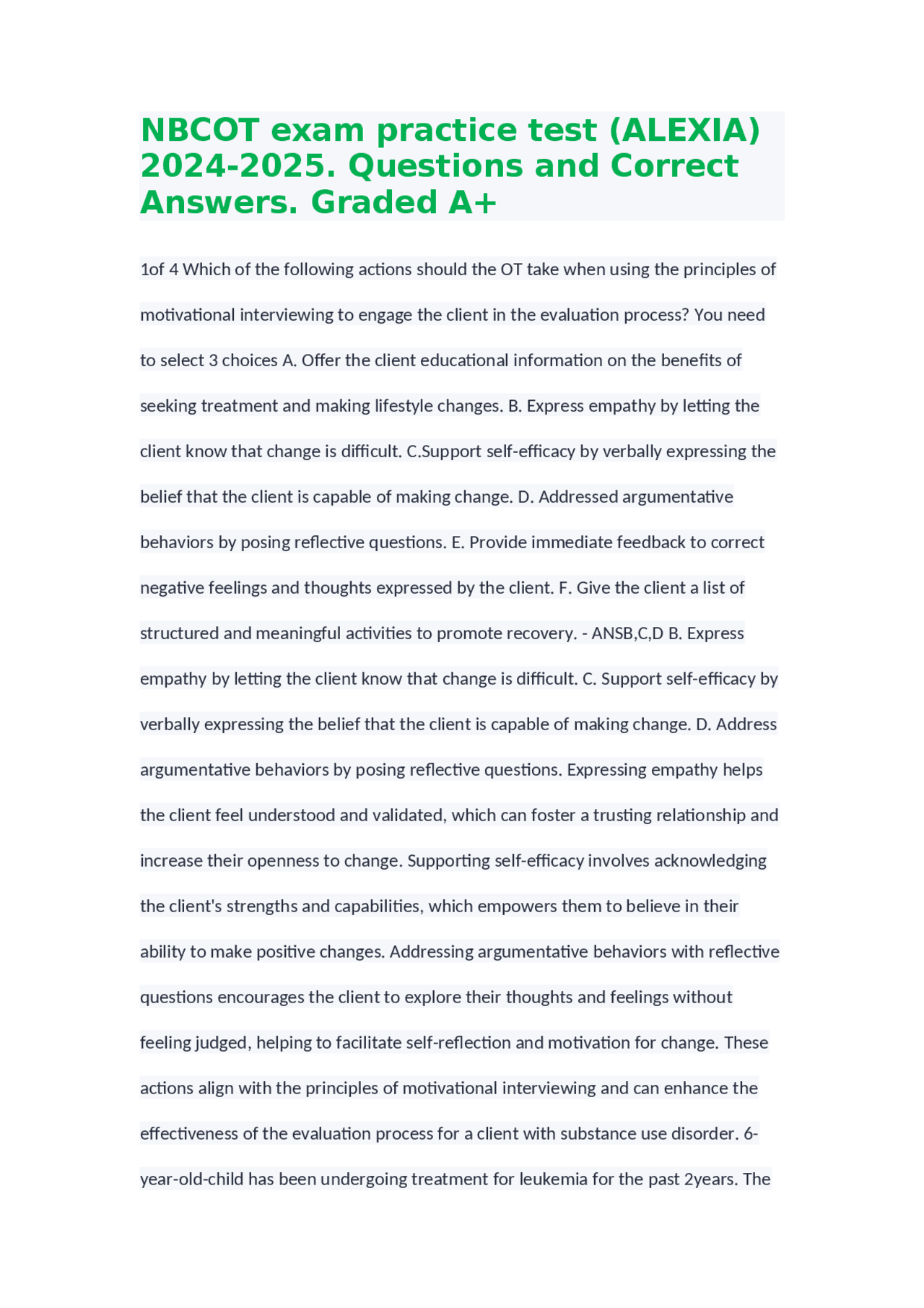 NBCOT exam practice test (ALEXIA) 2024-2025. Questions and Correct ...