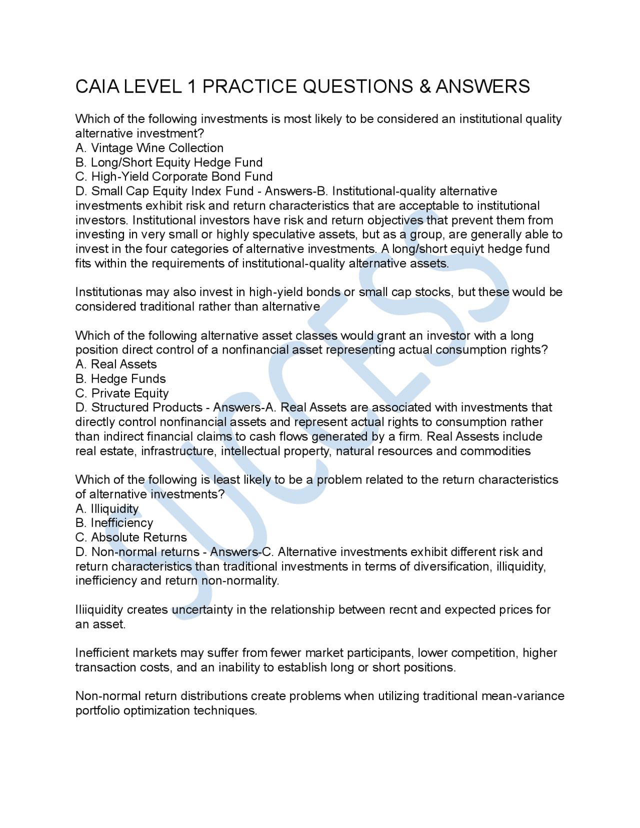 CAIA LEVEL 1 PRACTICE QUESTIONS & ANSWERS | Exams Social Sciences | Docsity