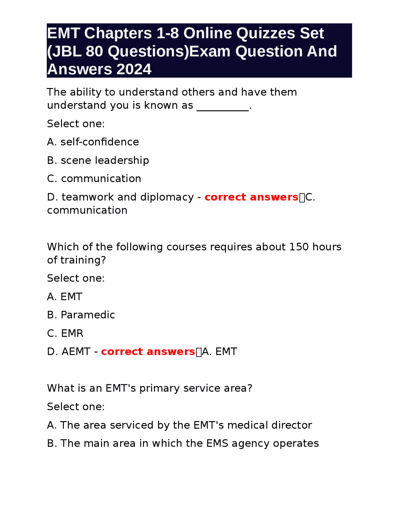 EMT Chapters 1-8 Online Quizzes Set (JBL 80 Questions) Exam Question ...