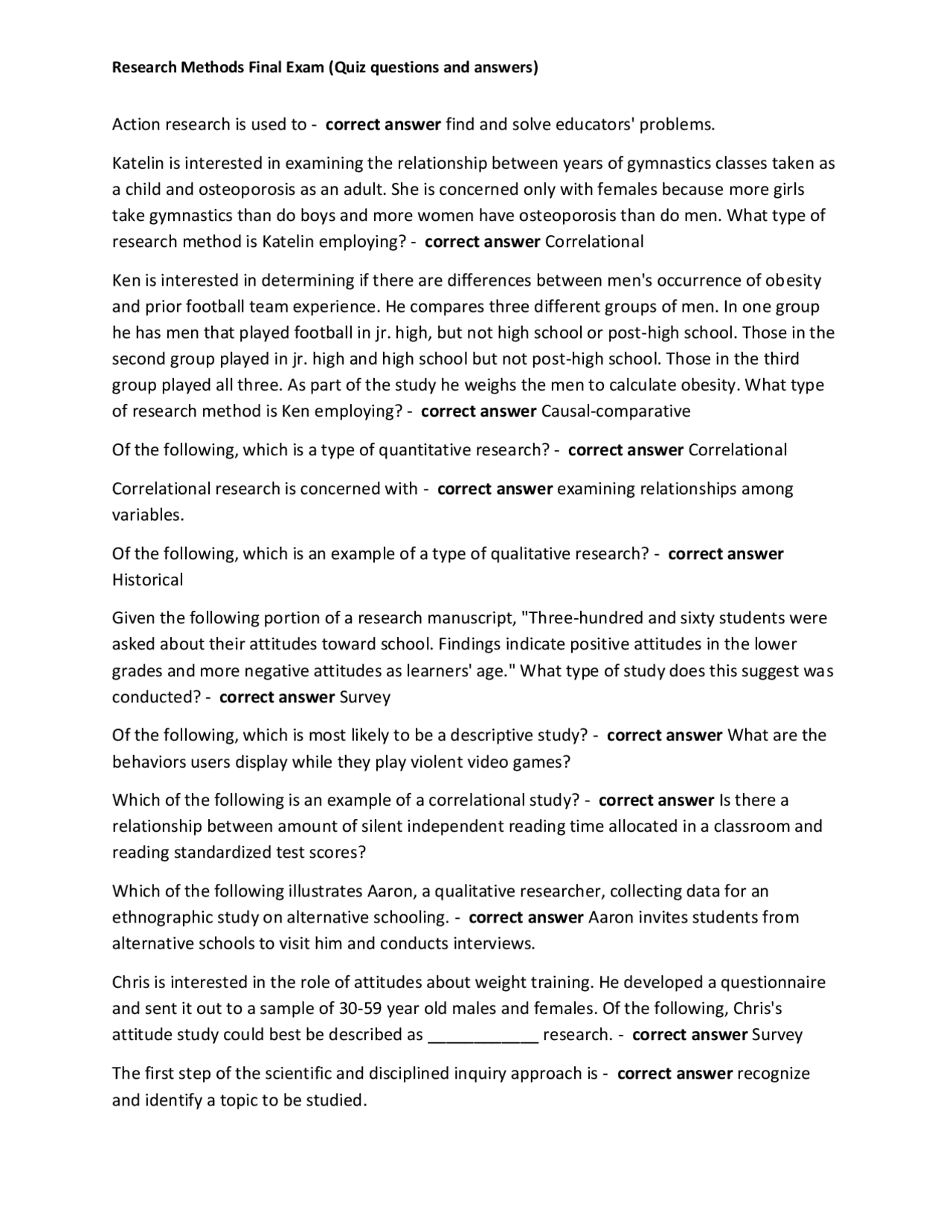Research Methods Final Exam (Quiz questions and answers) | Exams ...