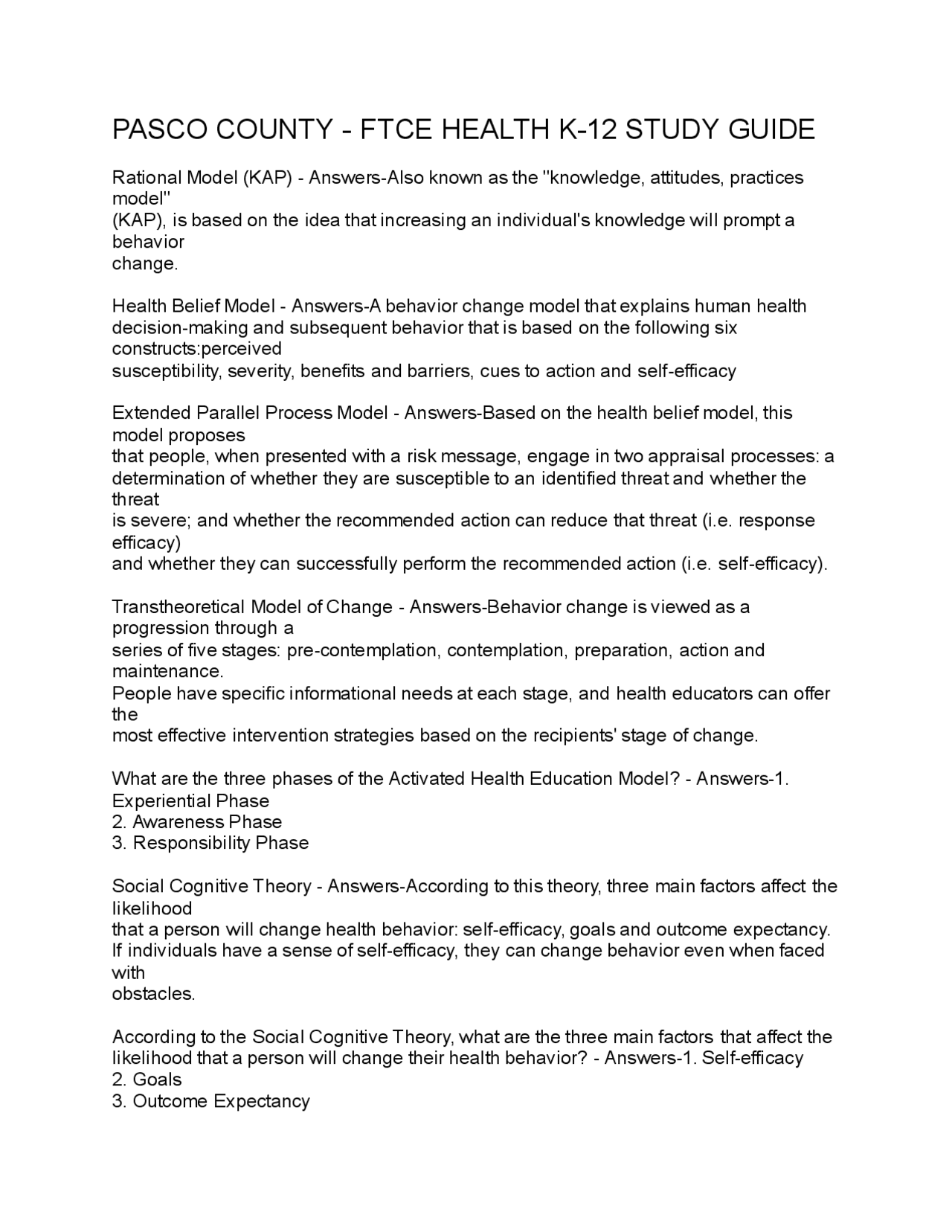 PASCO COUNTY - FTCE HEALTH K-12 STUDY GUIDE | Exams Nursing | Docsity