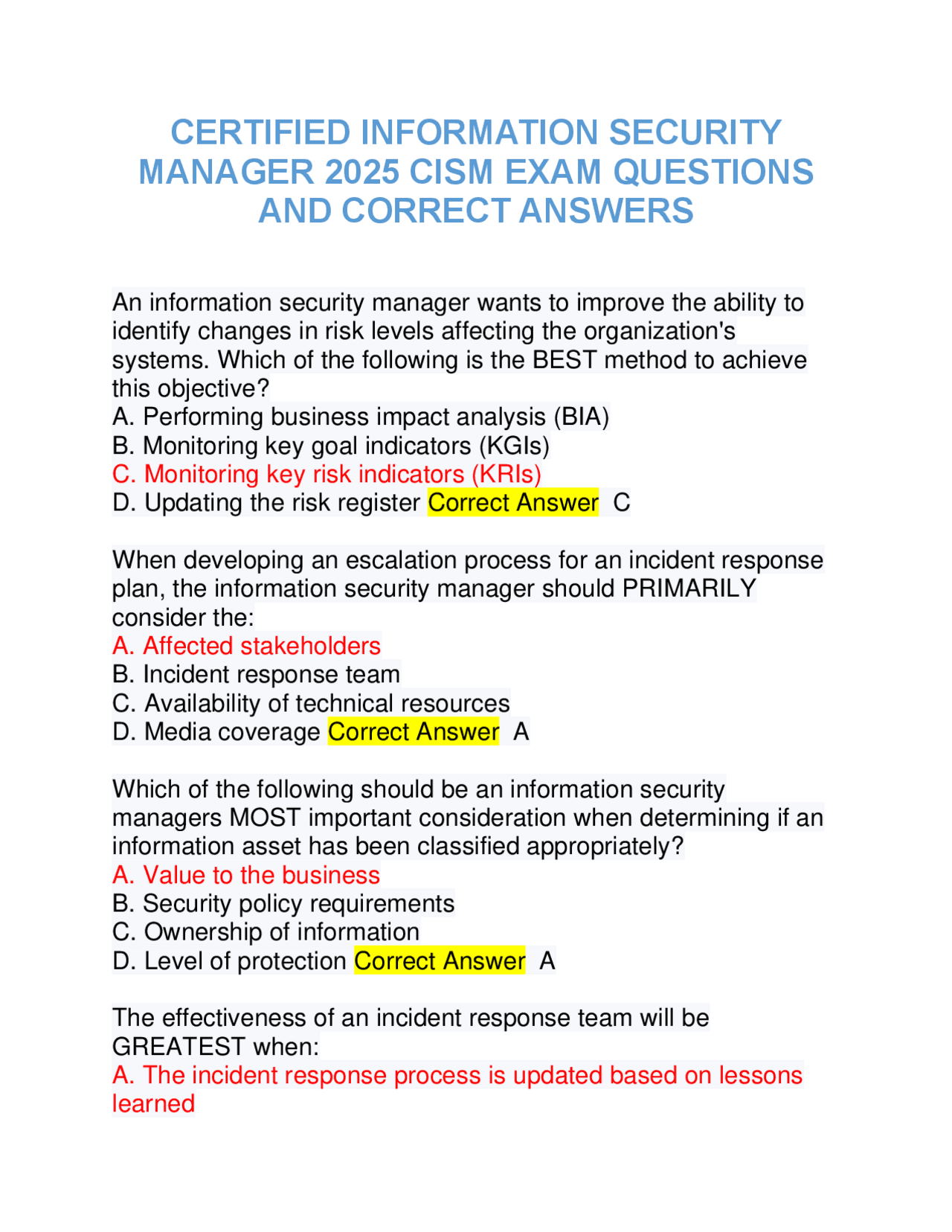 CERTIFIED INFORMATION SECURITY MANAGER 2025 CISM EXAM QUESTIONS AND ...