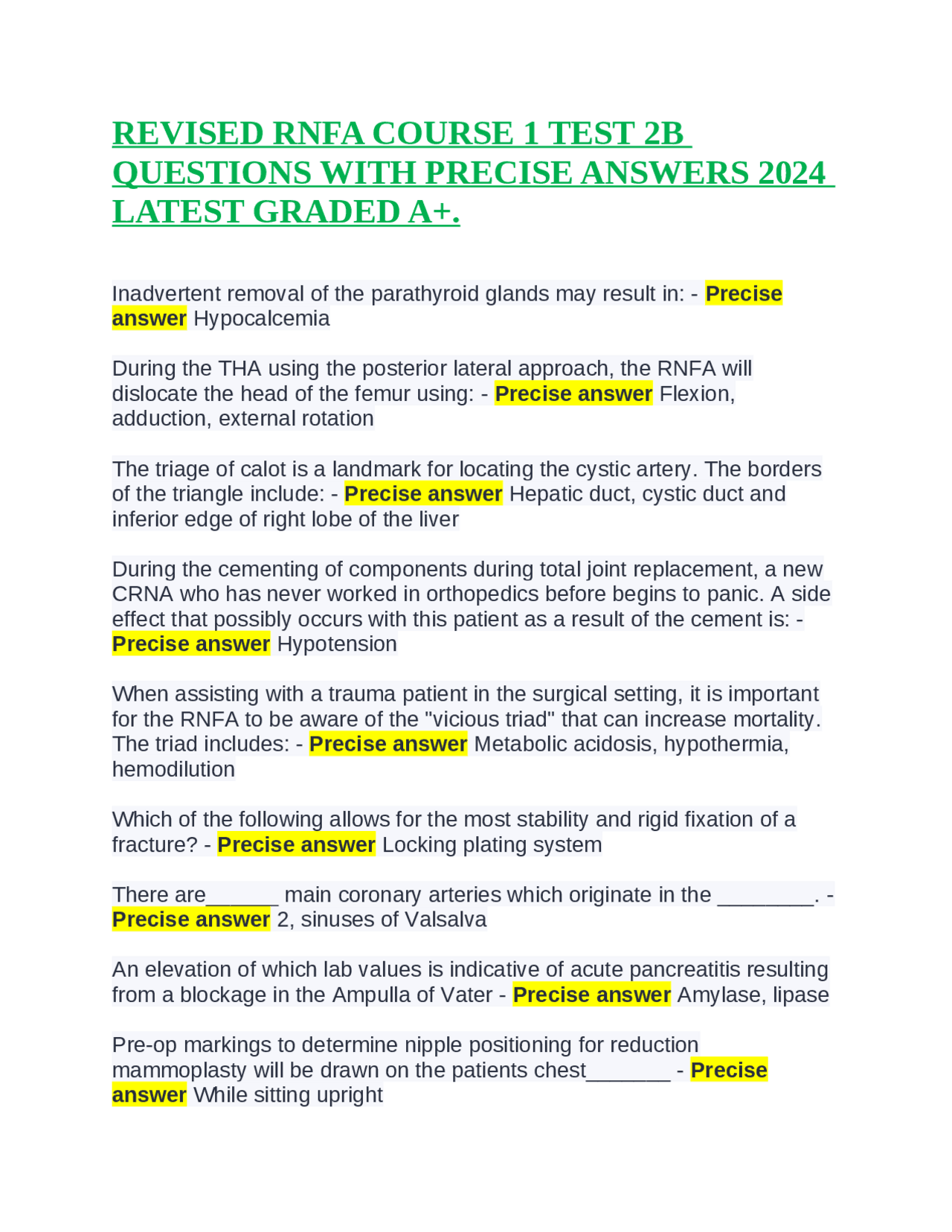 REVISED RNFA COURSE 1 TEST 2B QUESTIONS WITH PRECISE ANSWERS 2024 ...