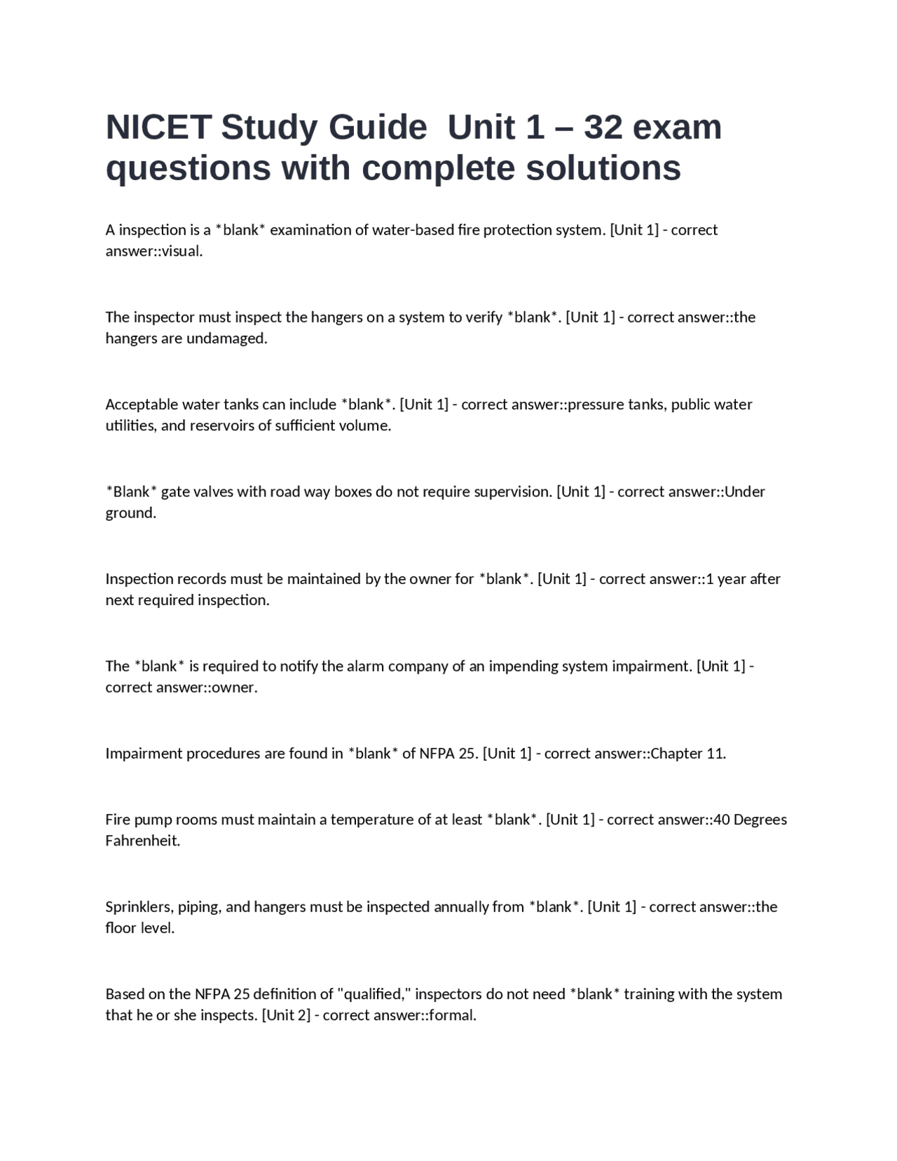 NICET Study Guide Unit 1 – 32 exam questions with complete solutions ...