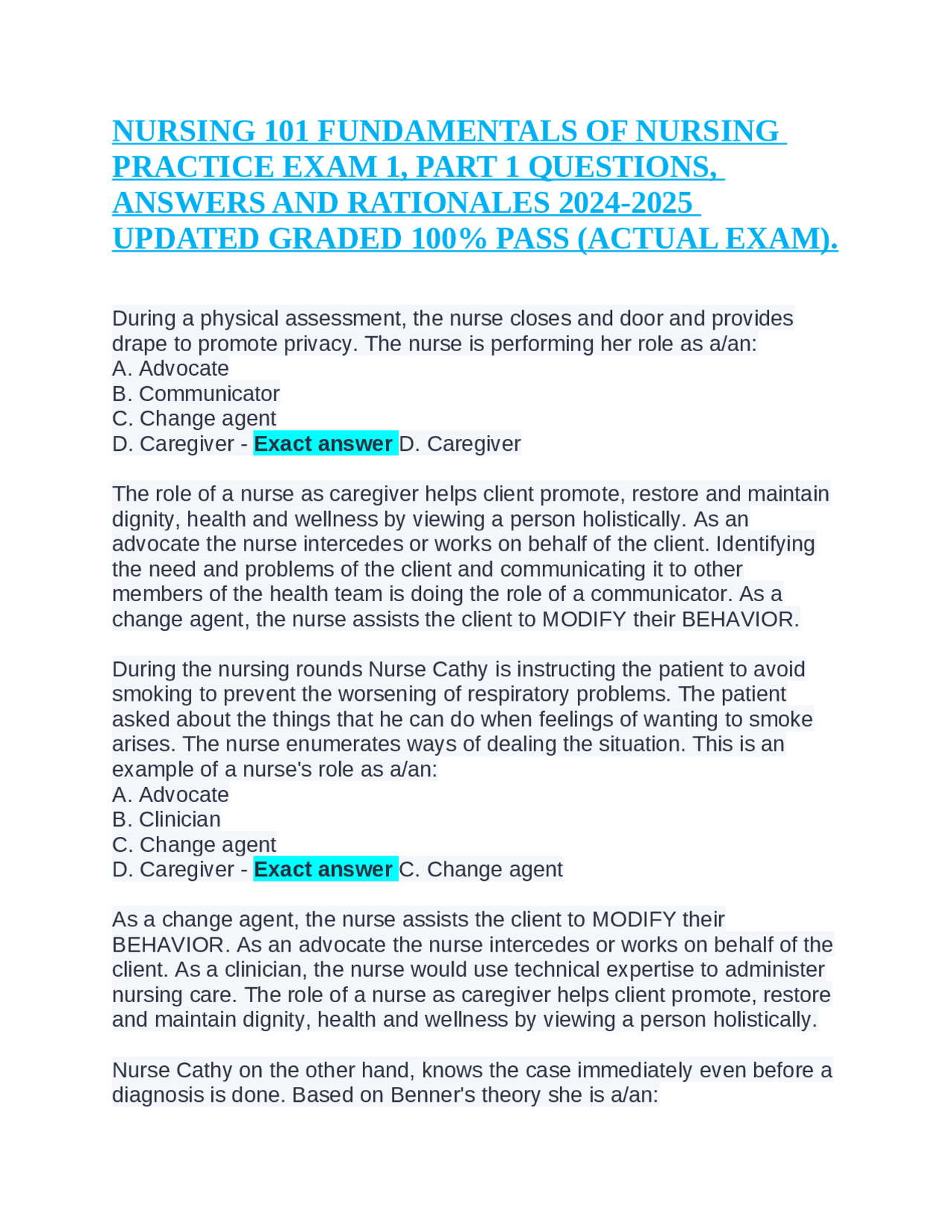 NURSING 101 FUNDAMENTALS OF NURSING PRACTICE EXAM 1, PART 1 QUESTIONS, ANSWERS AND RATIONA ...