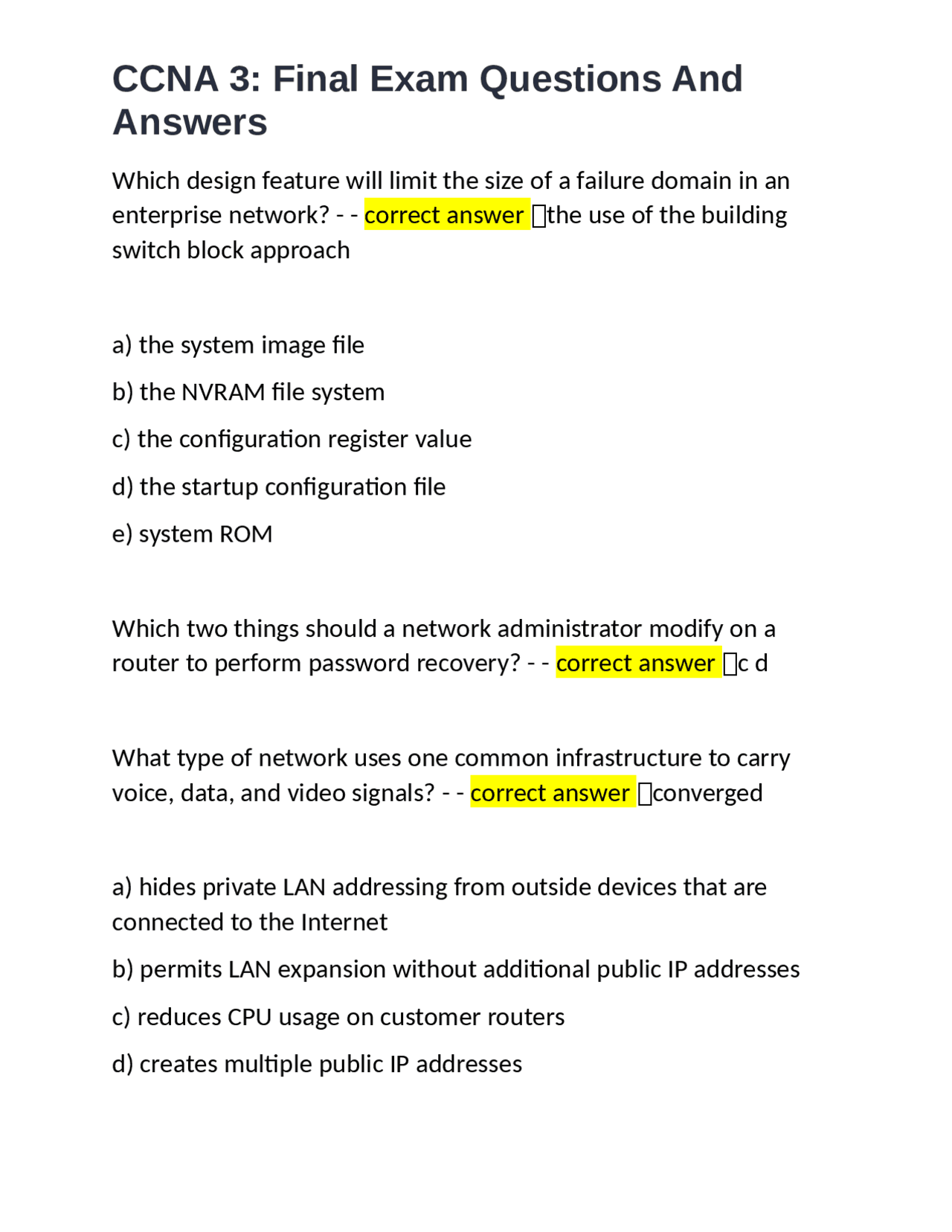 CCNA 3: Final Exam Questions And Answers | Exams Network security | Docsity