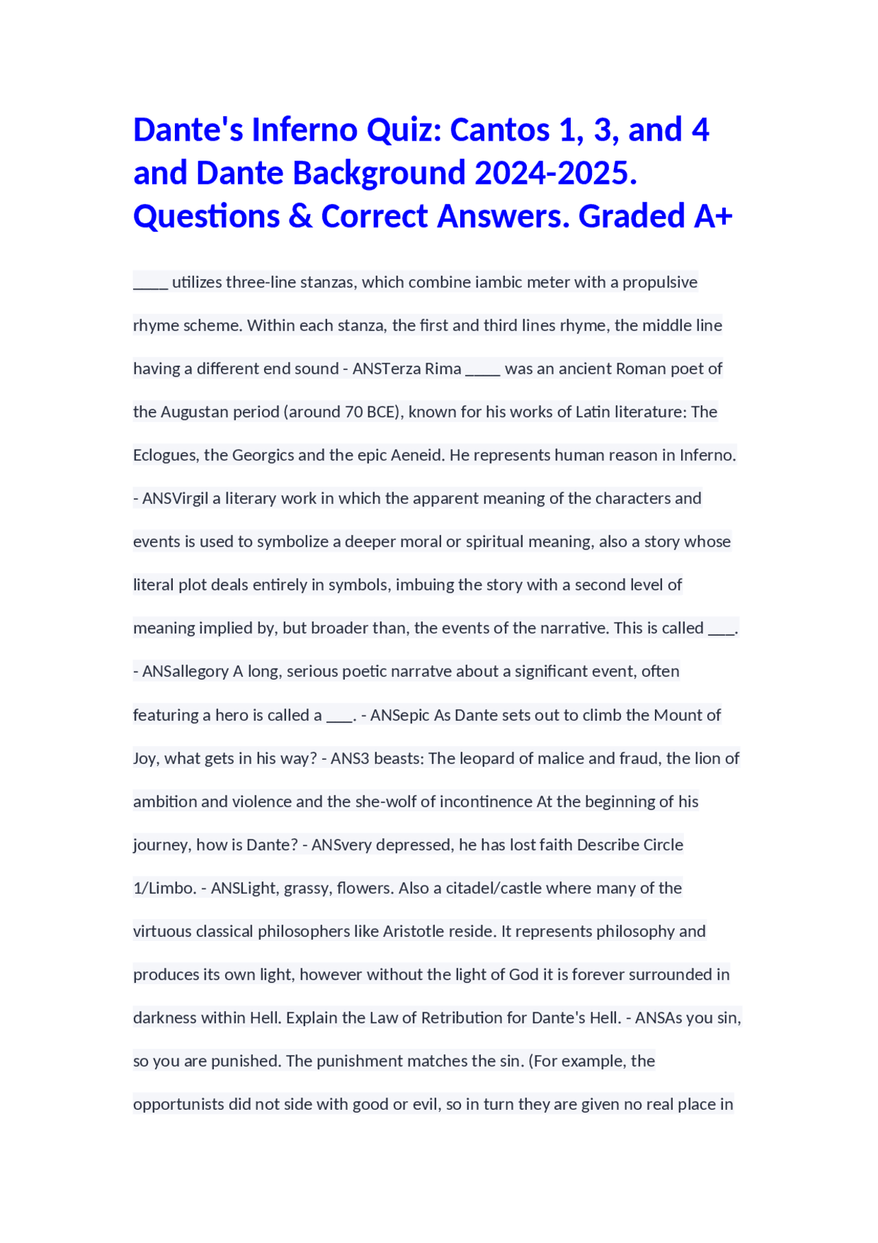 Dante's Inferno Quiz: Cantos 1, 3, and 4 and Dante Background 2024-2025 ...