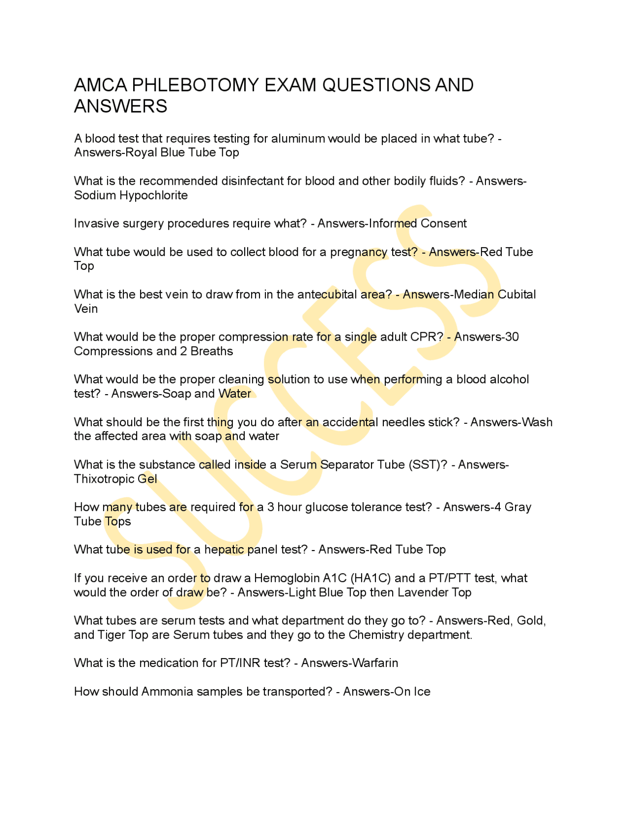 AMCA Phlebotomy Exam Questions and Answers | Exams Social Sciences ...