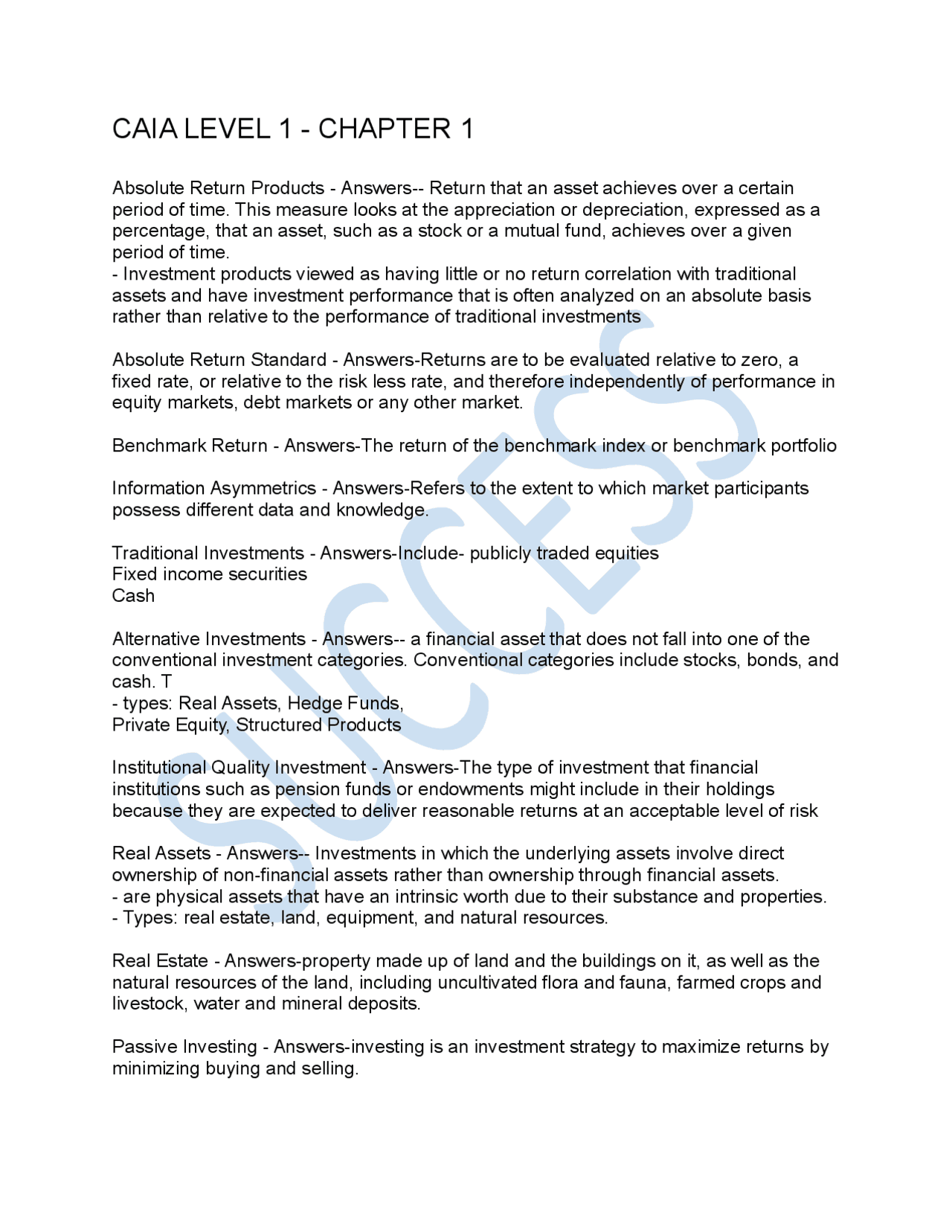 CAIA LEVEL 1 - CHAPTER 1 | Exams Social Sciences | Docsity