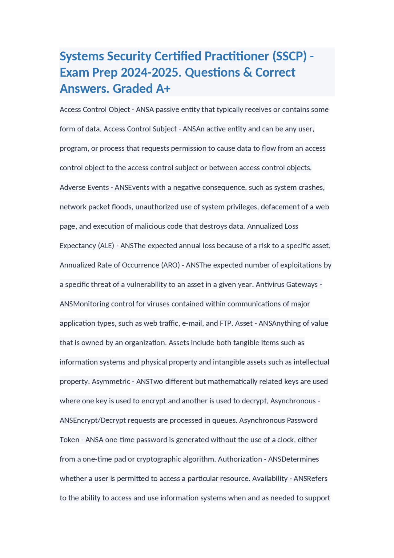 Systems Security Certified Practitioner (SSCP) - Exam Prep 2024-2025. Quizs & Ans. Grade A ...