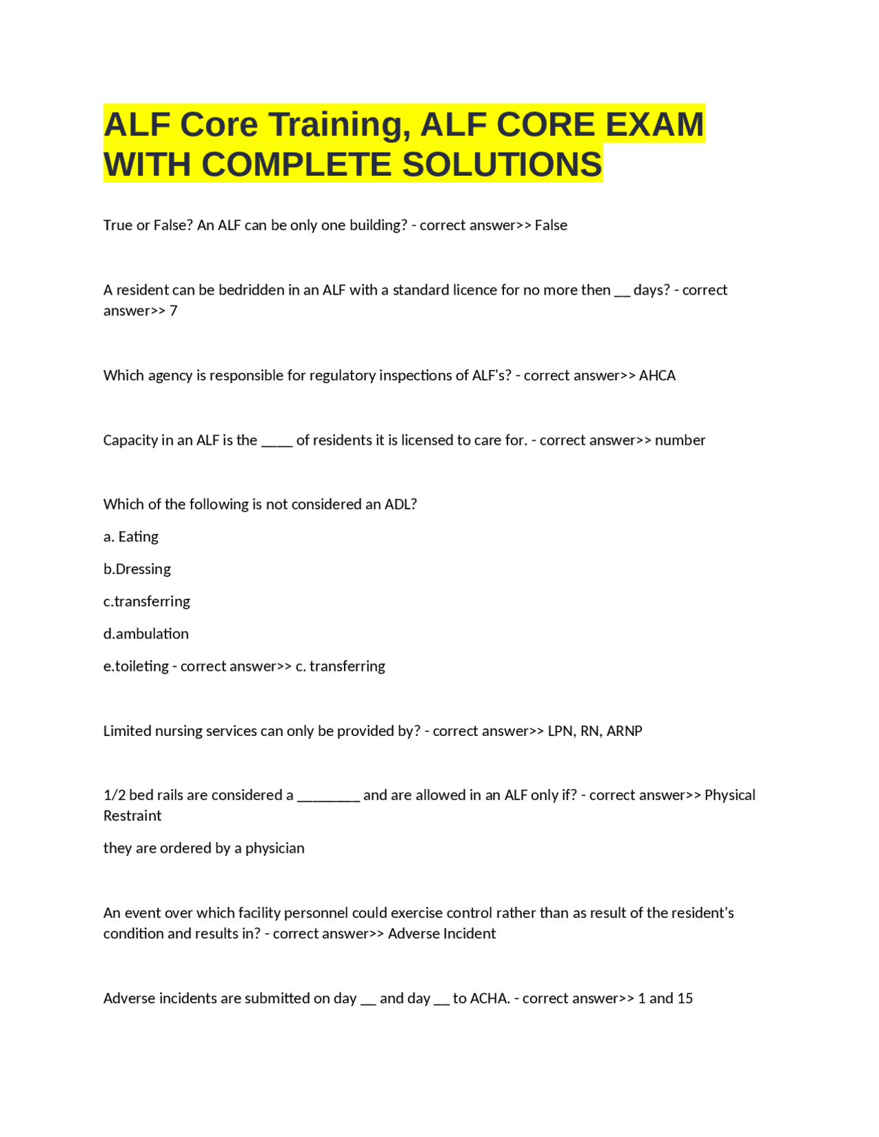 ALF Core Training, ALF CORE EXAM WITH COMPLETE SOLUTIONS. | Exams ...