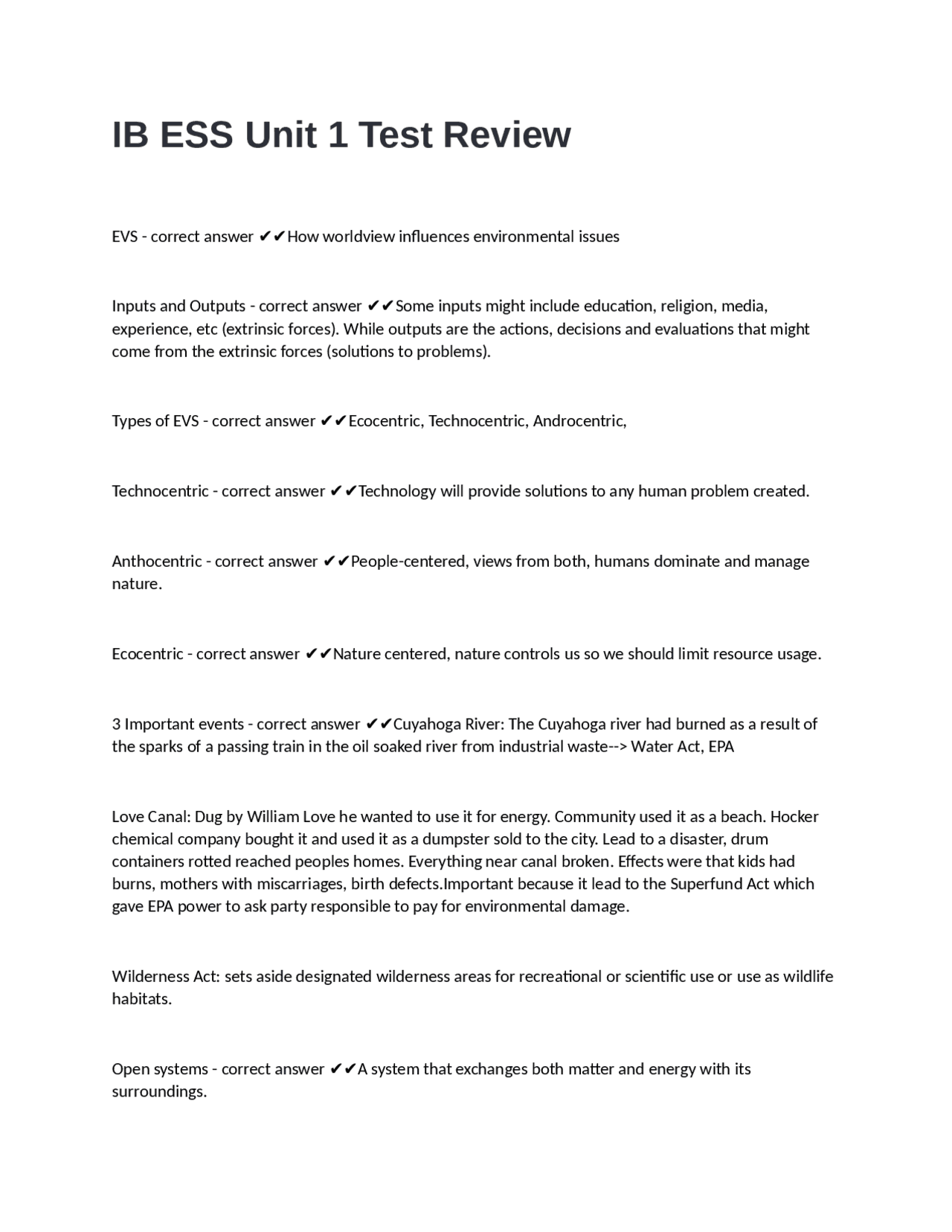 IB ESS Unit 1 Test Review | Exams Nursing | Docsity