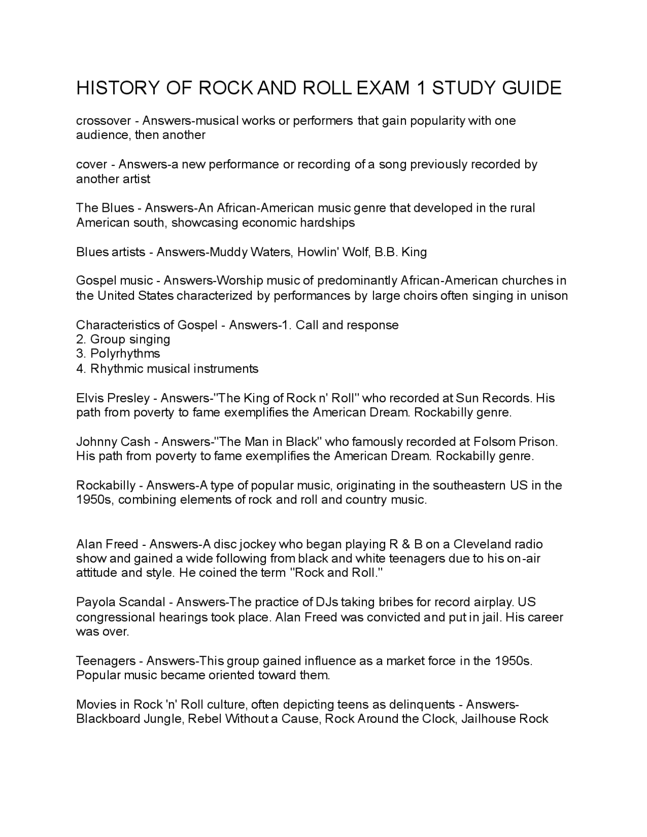 HISTORY OF ROCK AND ROLL EXAM 1 STUDY GUIDE | Exams Social Sciences ...