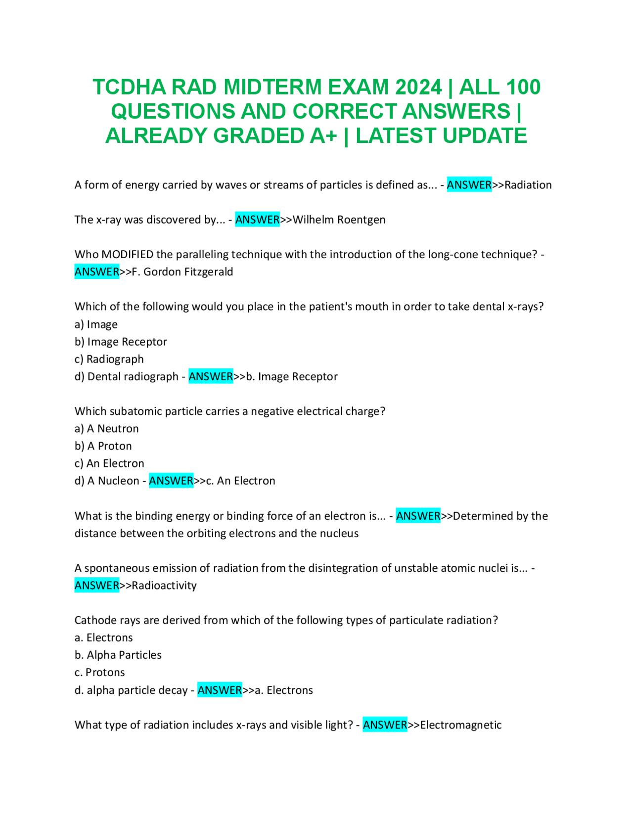 TCDHA RAD MIDTERM EXAM 2024 | ALL 100 QUESTIONS AND CORRECT ANSWERS ...