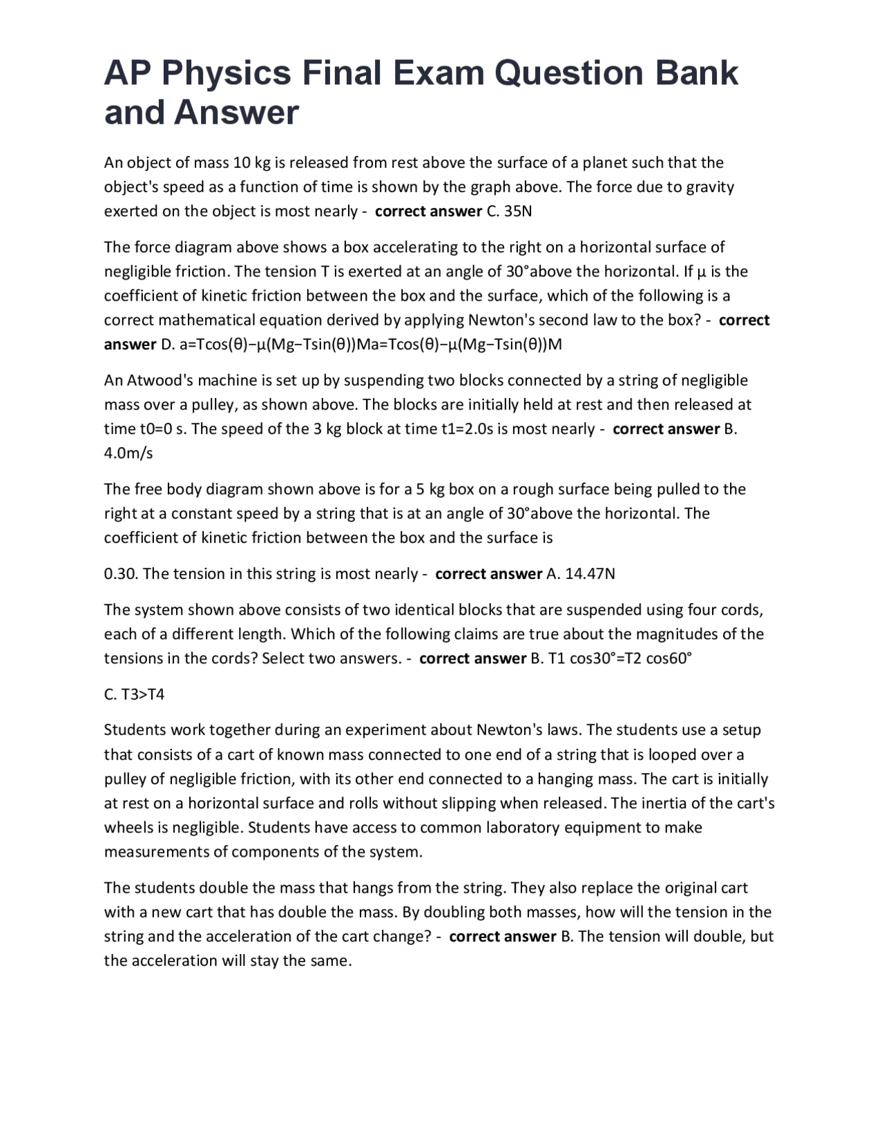 AP Physics Final Exam Question Bank and Answer | Exams Physics | Docsity