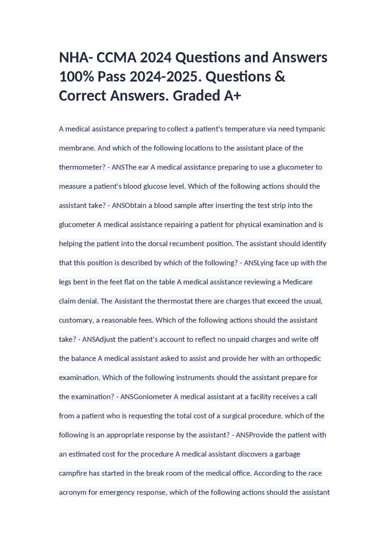 NHA- CCMA 2024 Questions and Answers 100% Pass 2024-2025. Questions ...