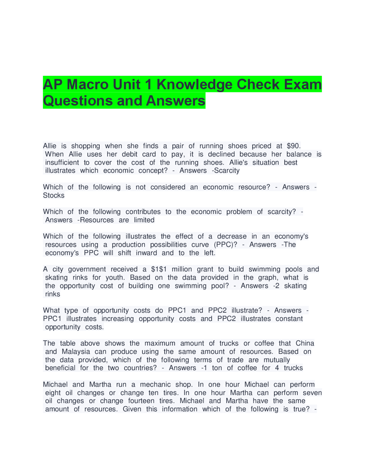 AP Macro Unit 1 Knowledge Check Exam | Exams Nursing | Docsity