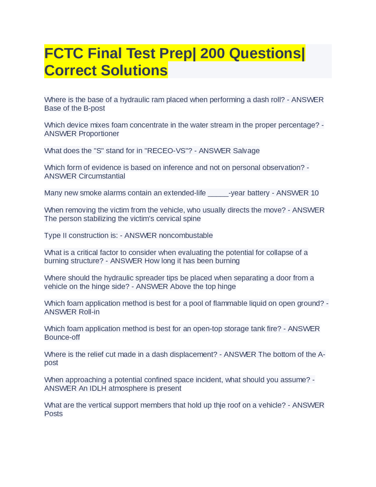 FCTC Final Test Prep| 200 Questions| Correct Solutions | Exams Nursing ...